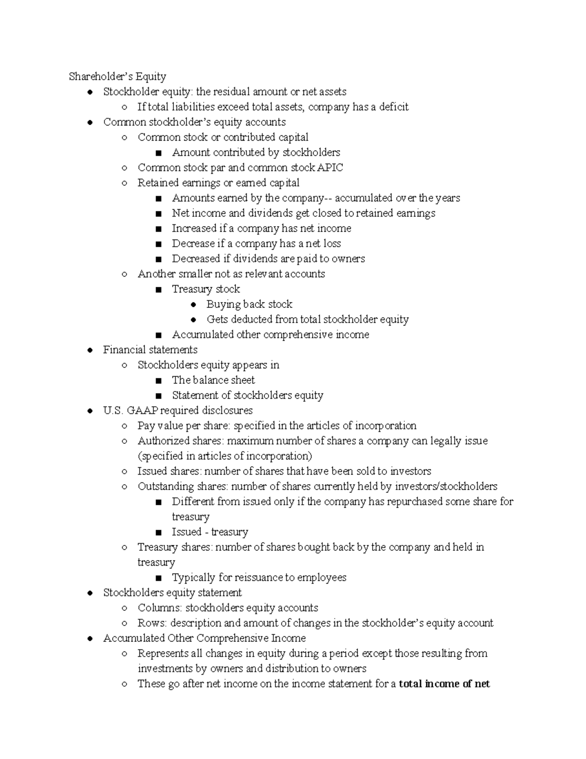 Chapter 18 - class notes - Shareholder’s Equity Stockholder equity: the ...