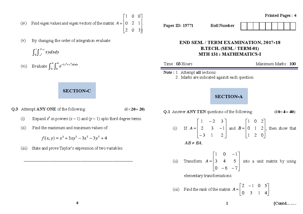 Mathematics-I.(MTH 131) B.Tech.Term-1 - (iv) Find eigen values and ...