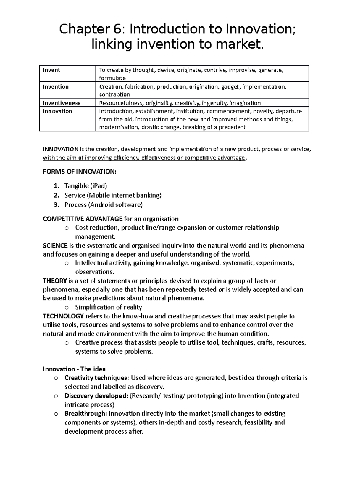 Chapter 6 - Introduction to Innovation; linking invention to market ...