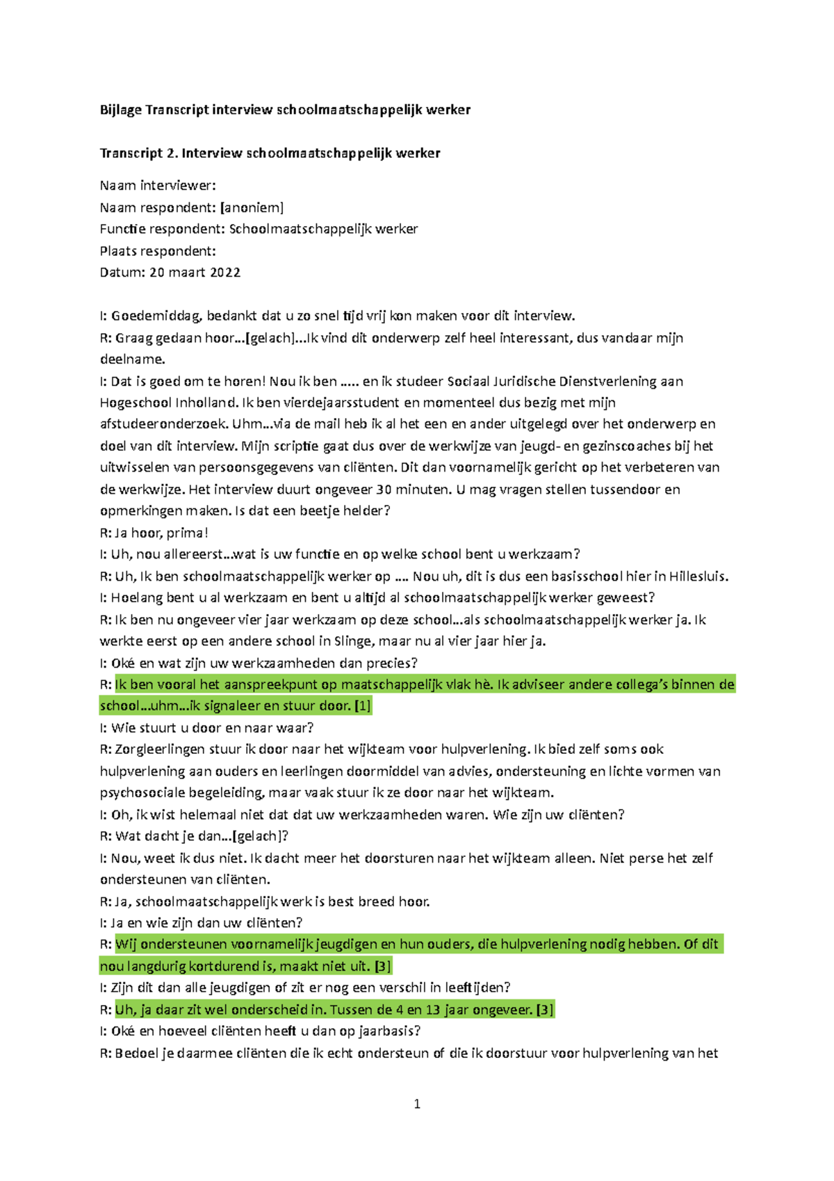 Voorbeeld transcript en analysetabel - Bijlage Transcript interview ...