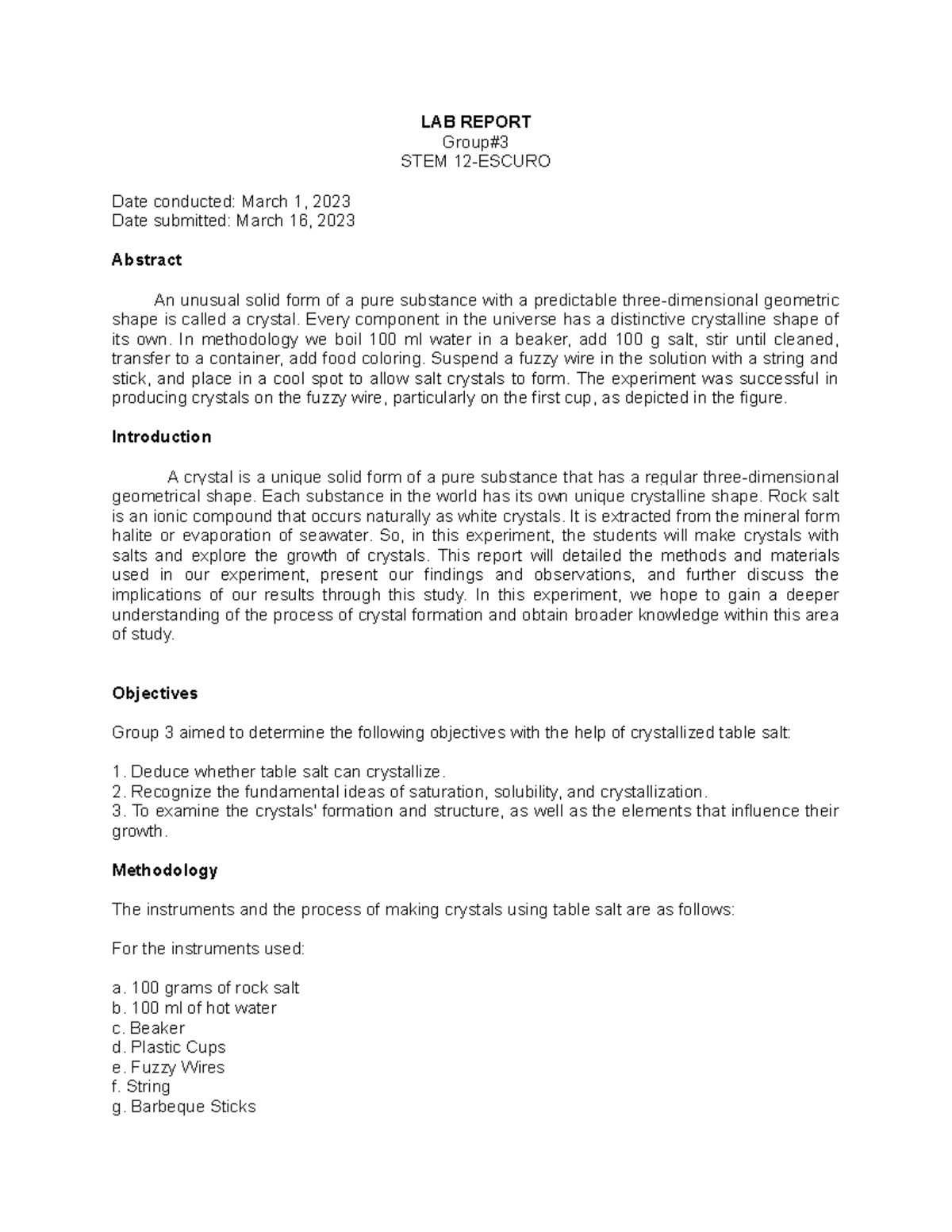 LAB- Report - LAB REPORT Group# STEM 12-ESCURO Date conducted: March 1 ...