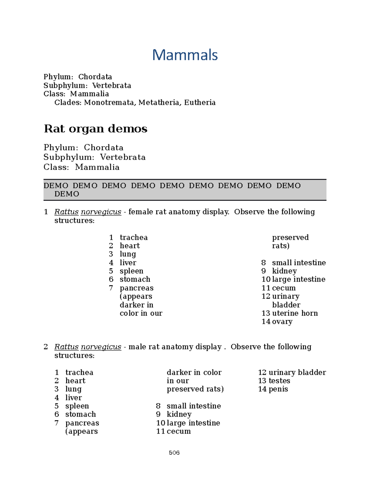 Lab 14- Mammals - Worksheet for zoology - Mammals Phylum: Chordata ...