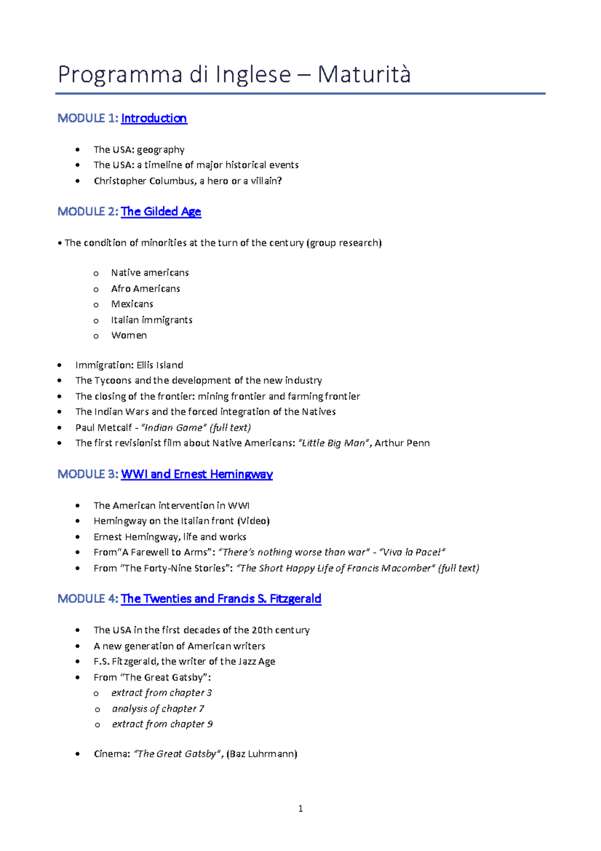 Inglese maturità - Programma di Inglese – Maturità MODULE 1 : Introduction • The USA: geography ...
