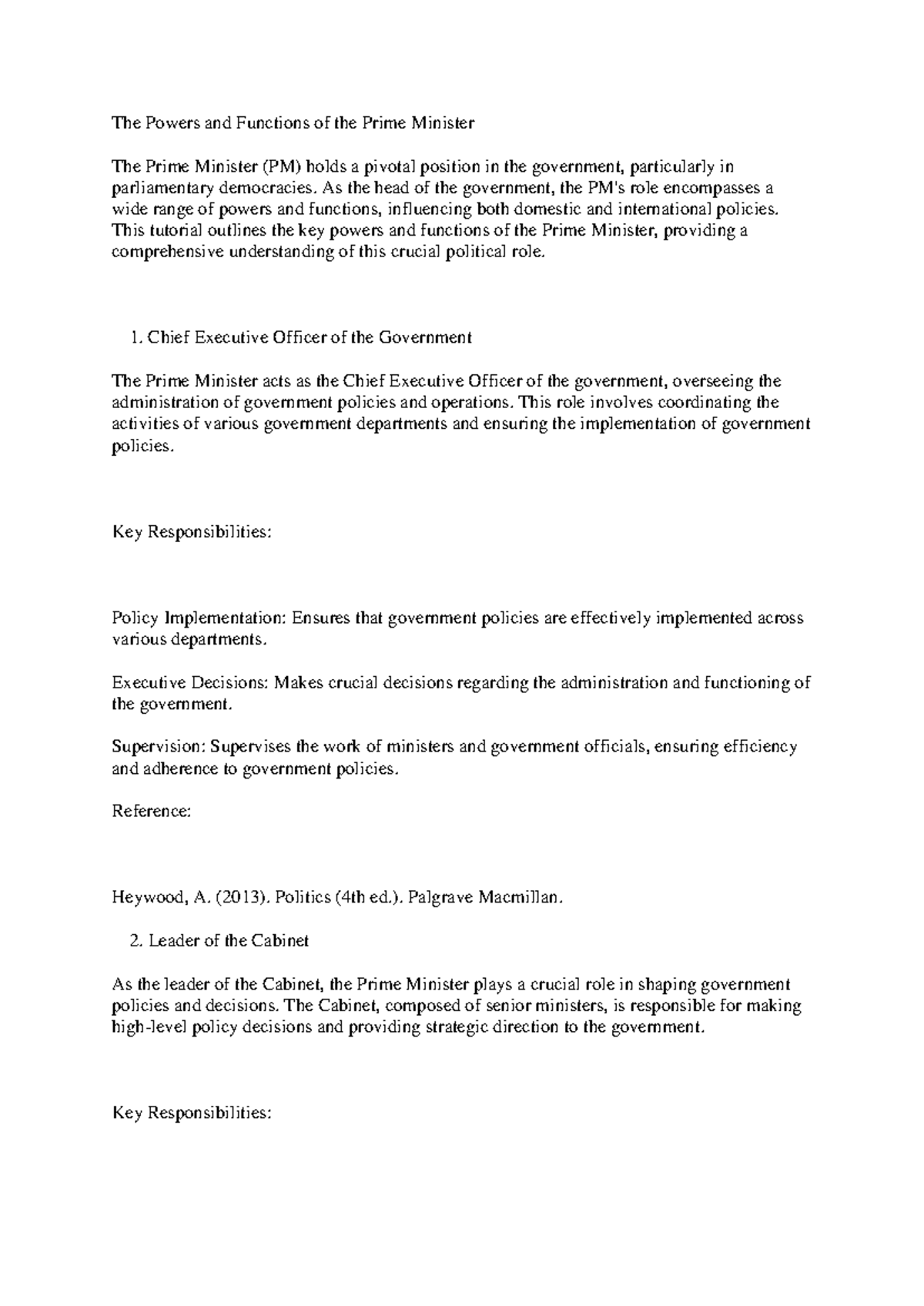 powers and functions of the prime minister. lecture notes - The Powers ...