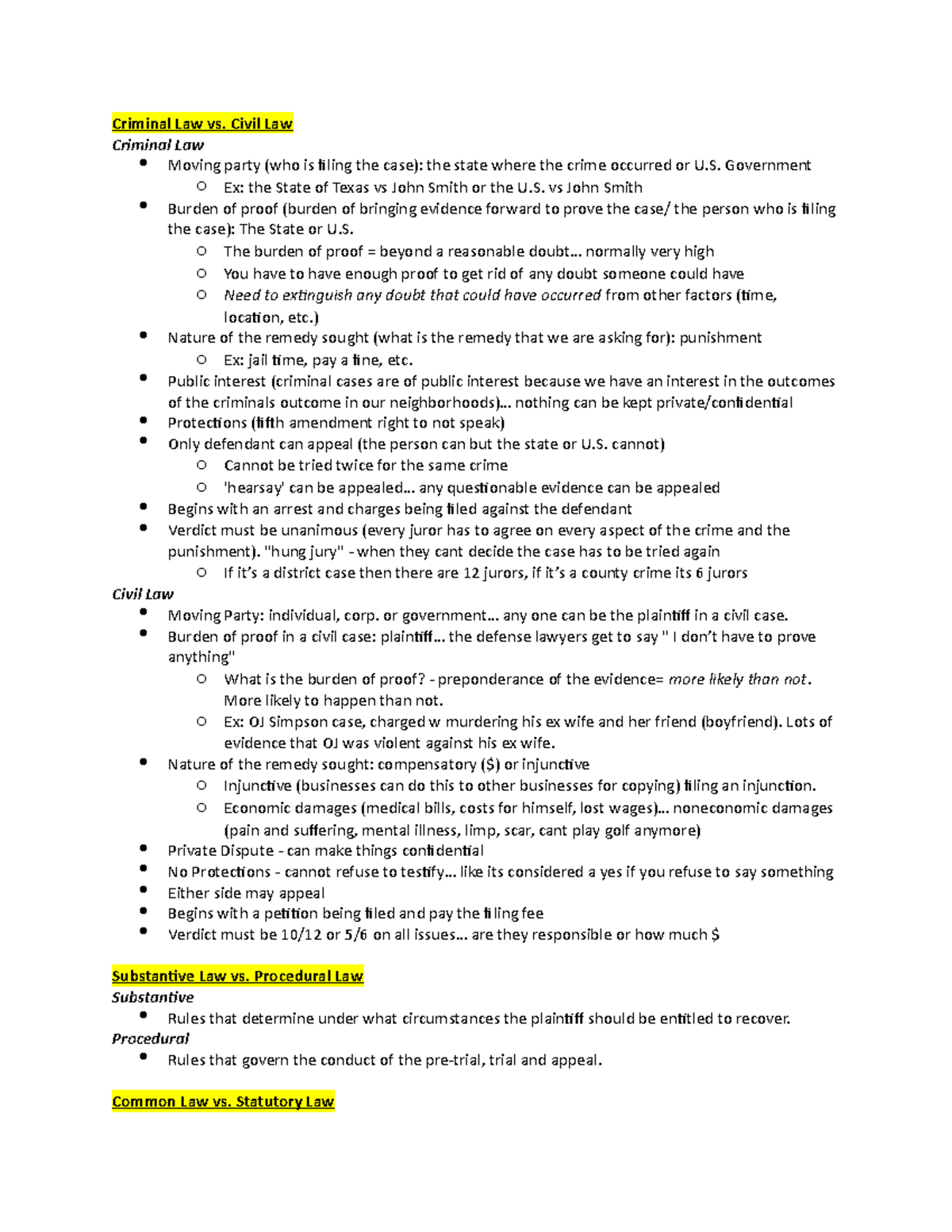 Business Law - Week 1 Notes - Criminal Law vs. Civil Law Criminal Law ...