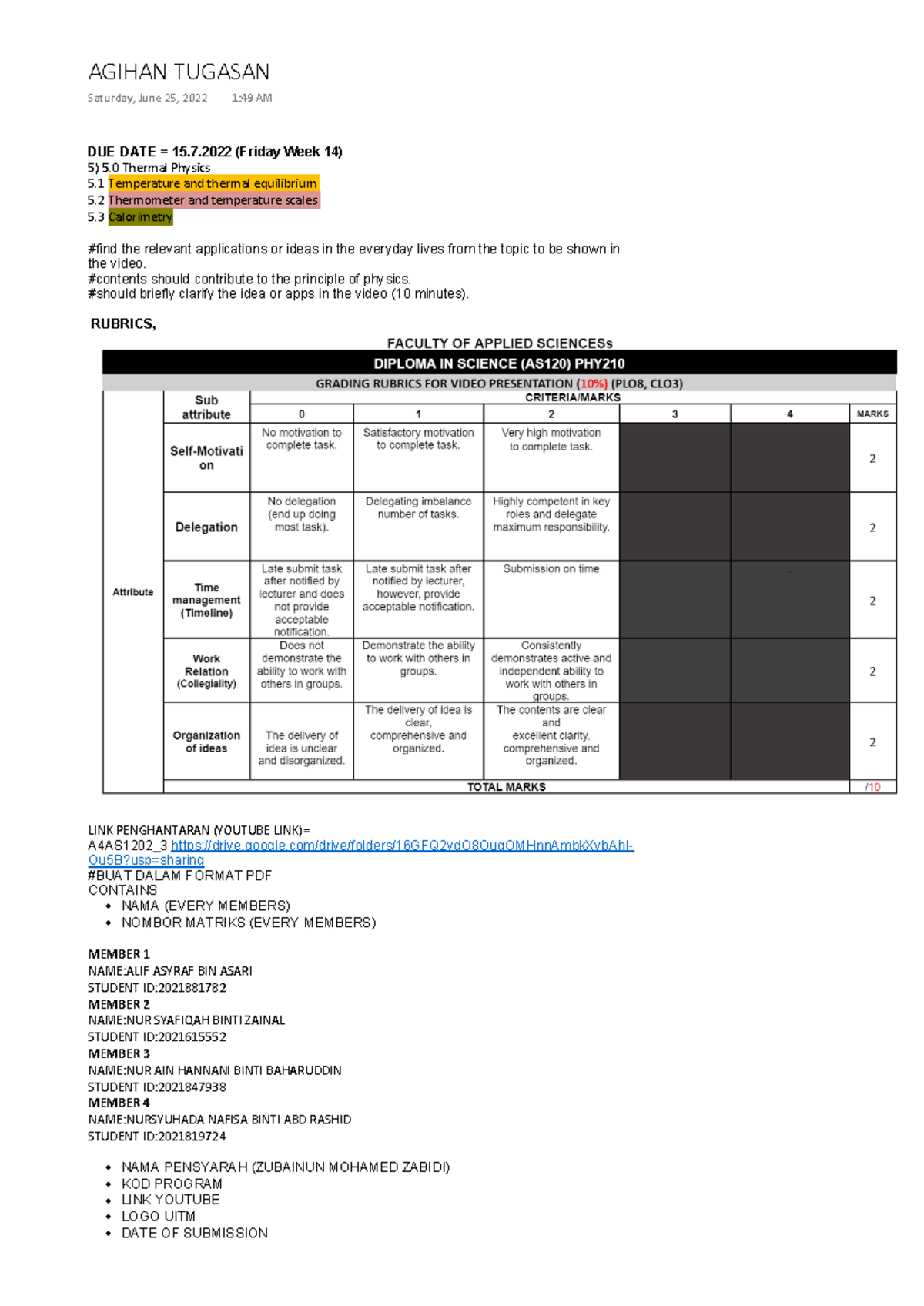 Tugasan FOR PHY210 Video Chapter 5 - DUE DATE = 15.7 (Friday Week 14) 5) 5 Thermal Physics 5 ...