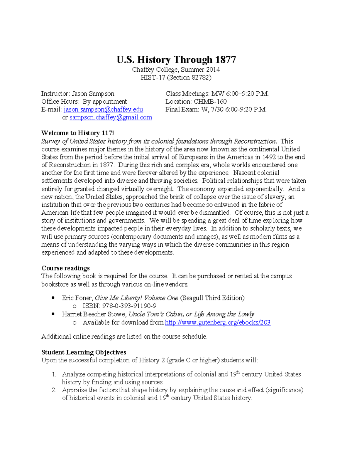 History 17 Summer 2014 Syllabus - U. History Through 1877 Chaffey ...
