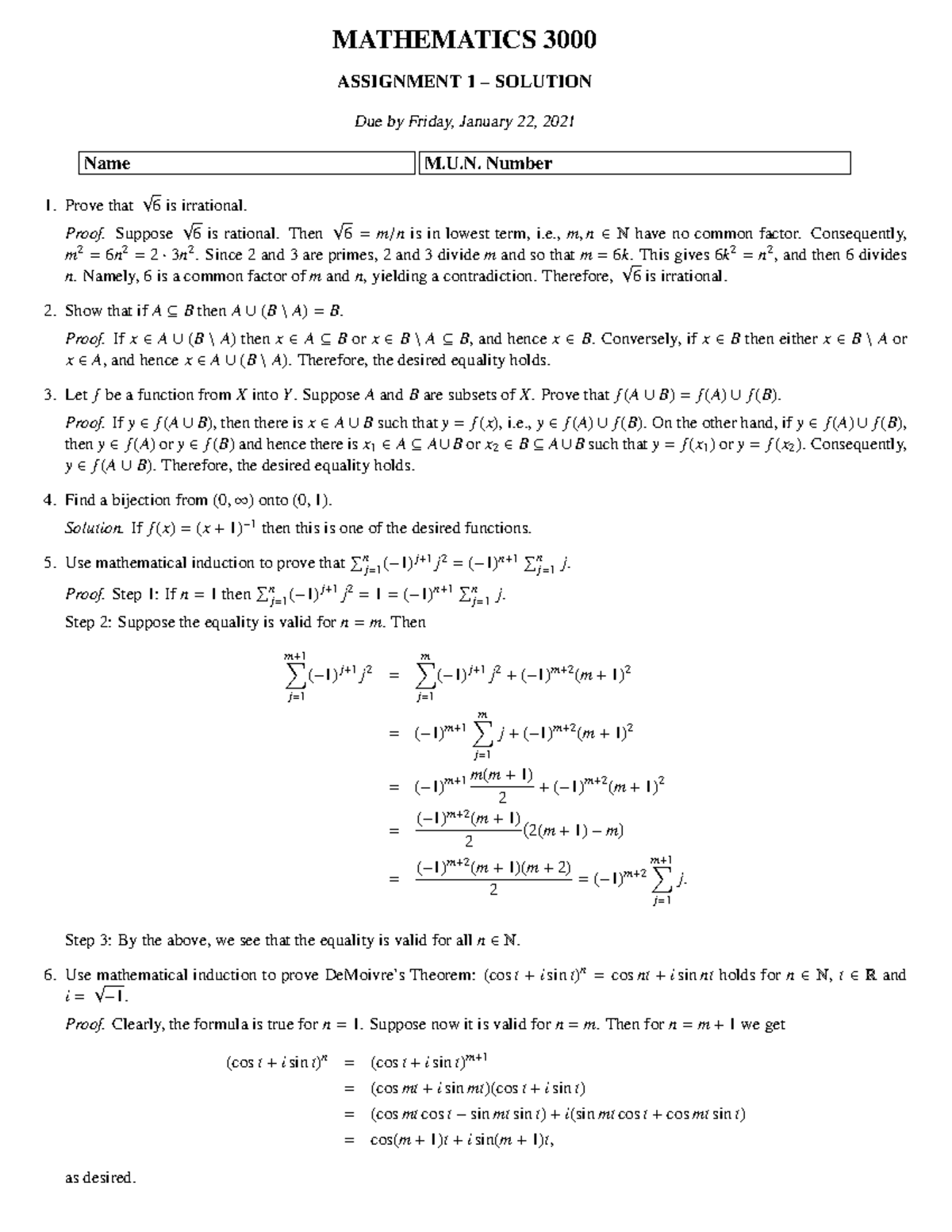 Assignment1 solution Math 3000 - MATHEMATICS 3000 ASSIGNMENT 1 ...