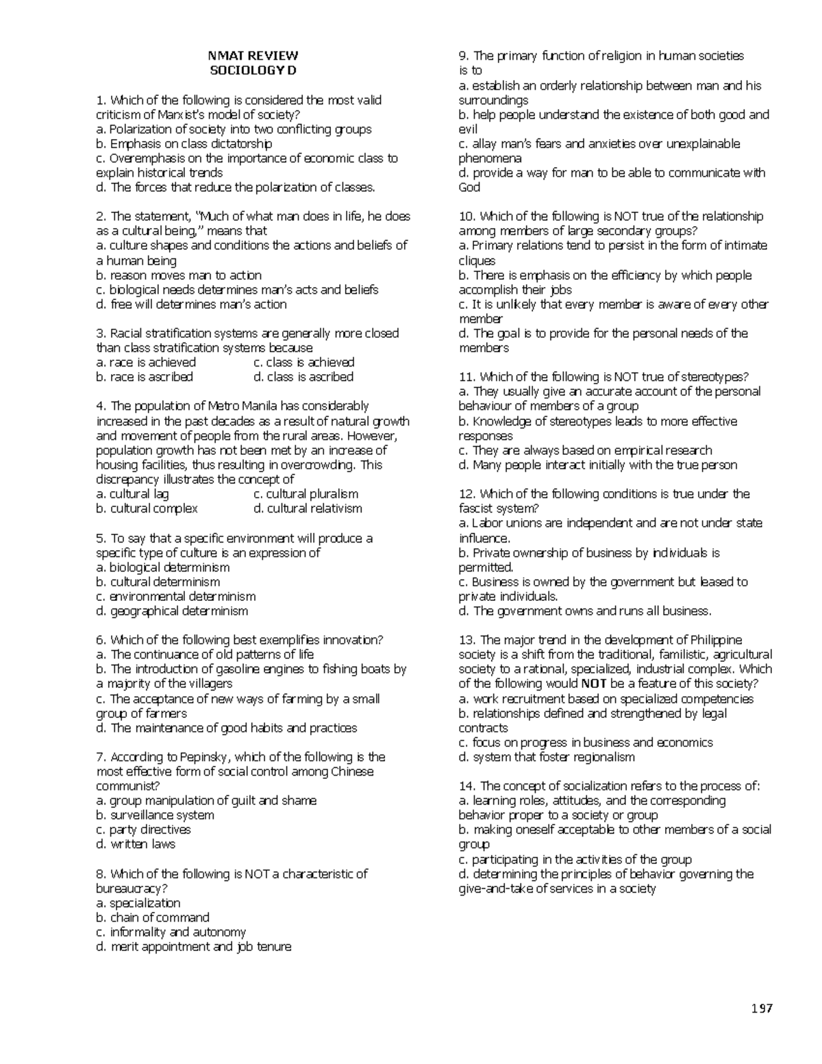 NMAT questionnaire - 197 NMAT REVIEW SOCIOLOGY D Which of the following ...