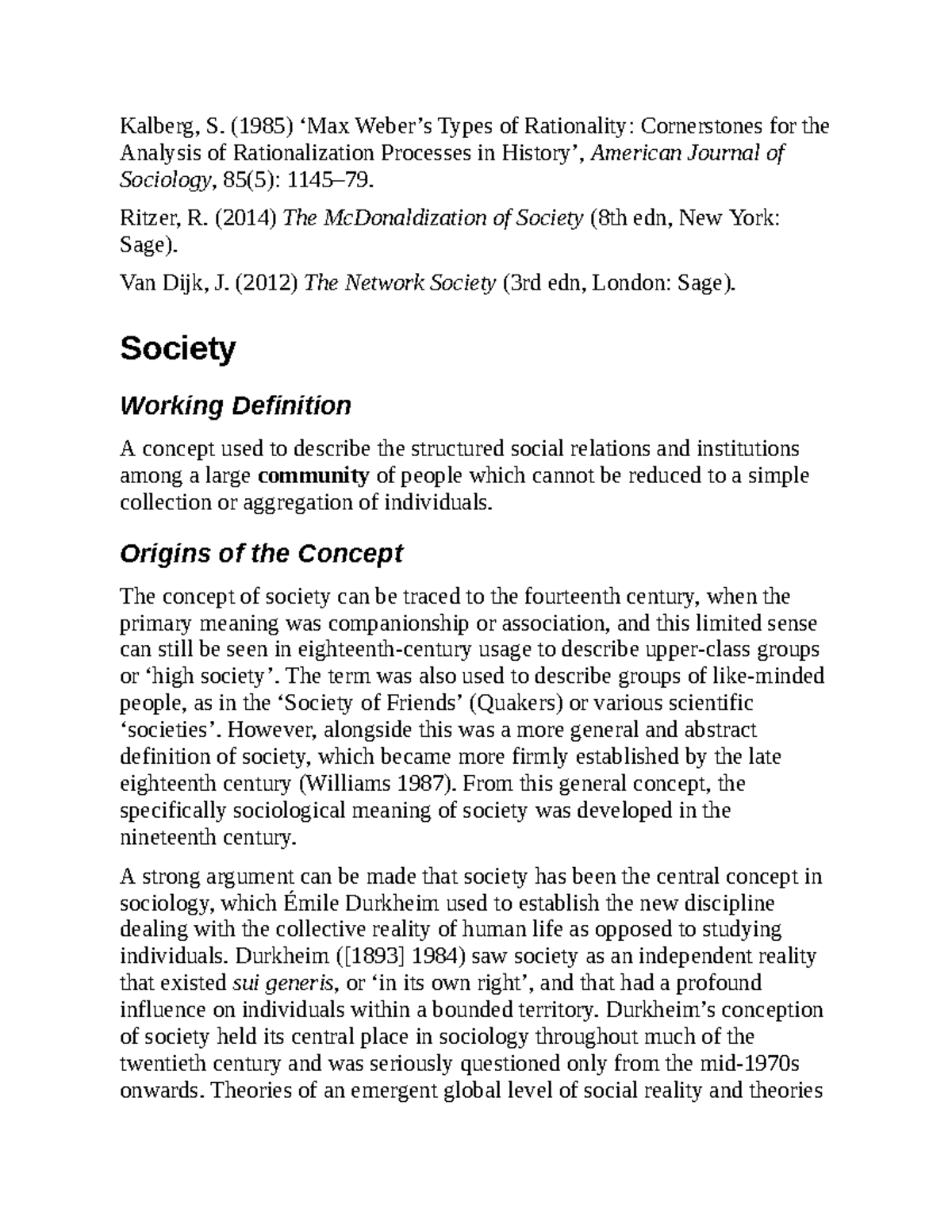 Essential Concepts in Sociology Chapter 7 - Kalberg, S. (1985) ‘Max Weber’s Types of Rationality ...