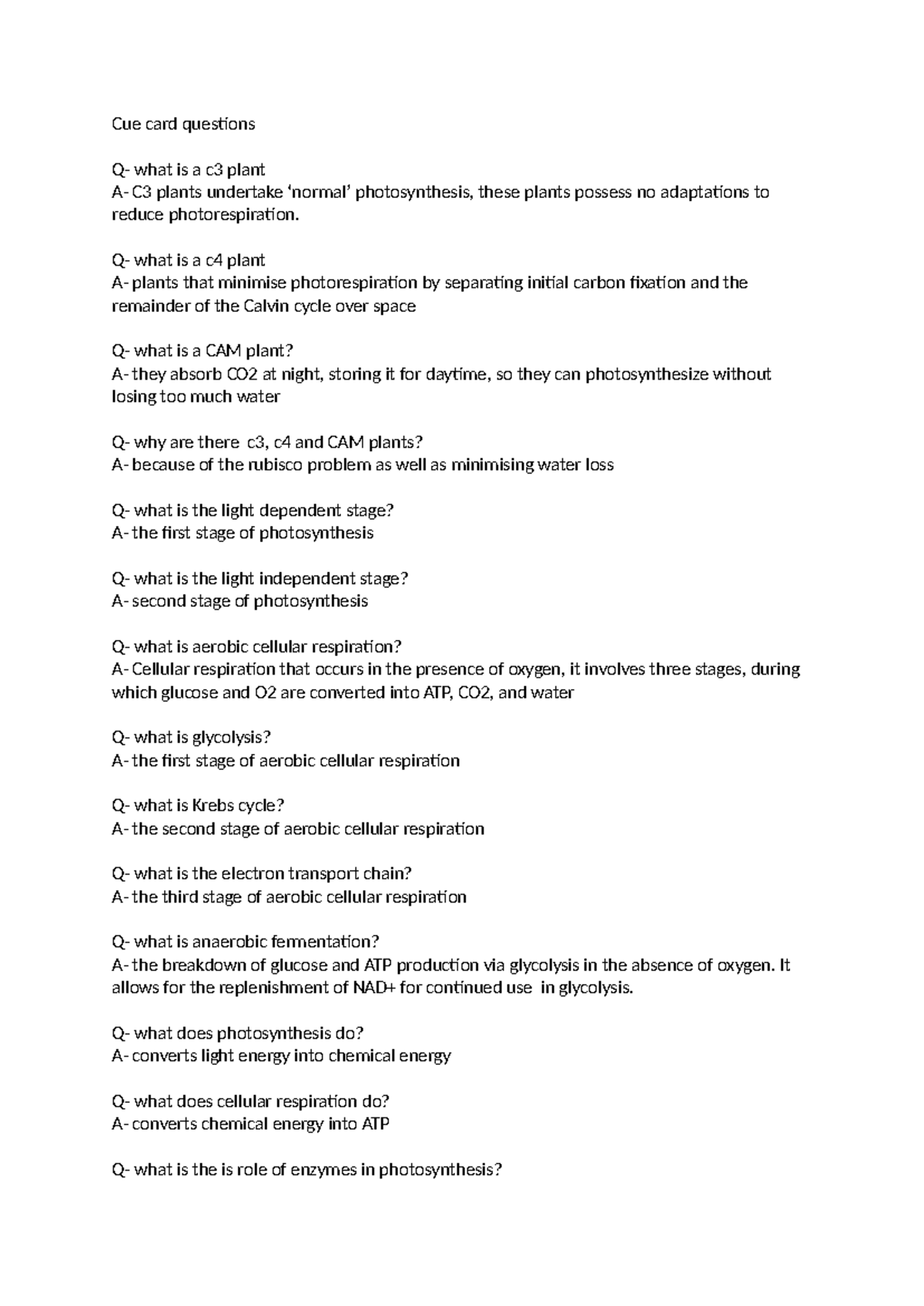 Unit 3 AOS 2 Cue card questions - Cue card questions Q- what is a c3 ...