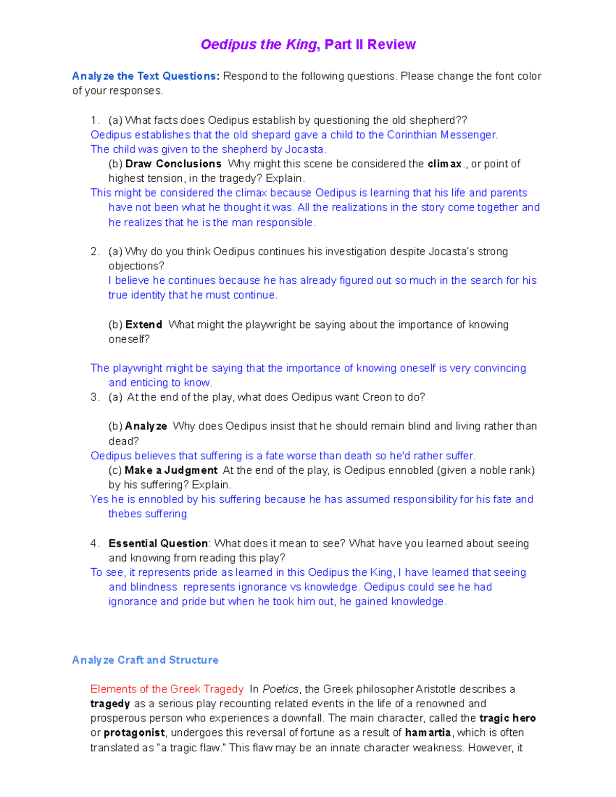 Olivia Draffen - Oedipus the King Part II Analysis Questions - Oedipus the King, Part II Review ...