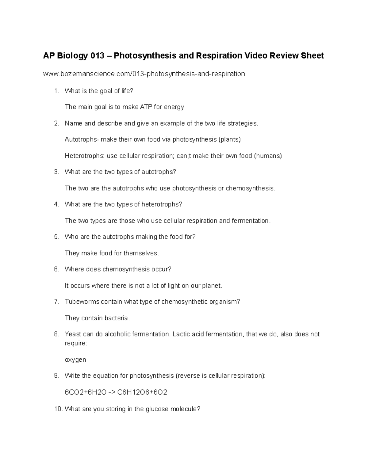 Photosynthesis and Respiration Video Review Sheet - AP Biology 013 ...