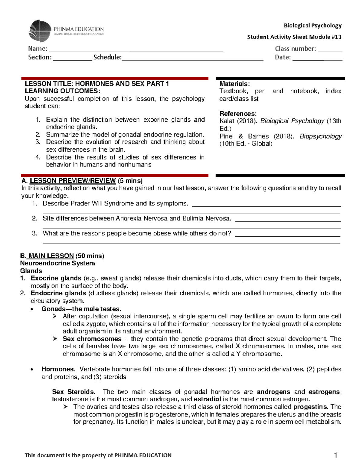 SAS Module 13 Hormones AND SEX PART 1 - Student Activity Sheet Module ...