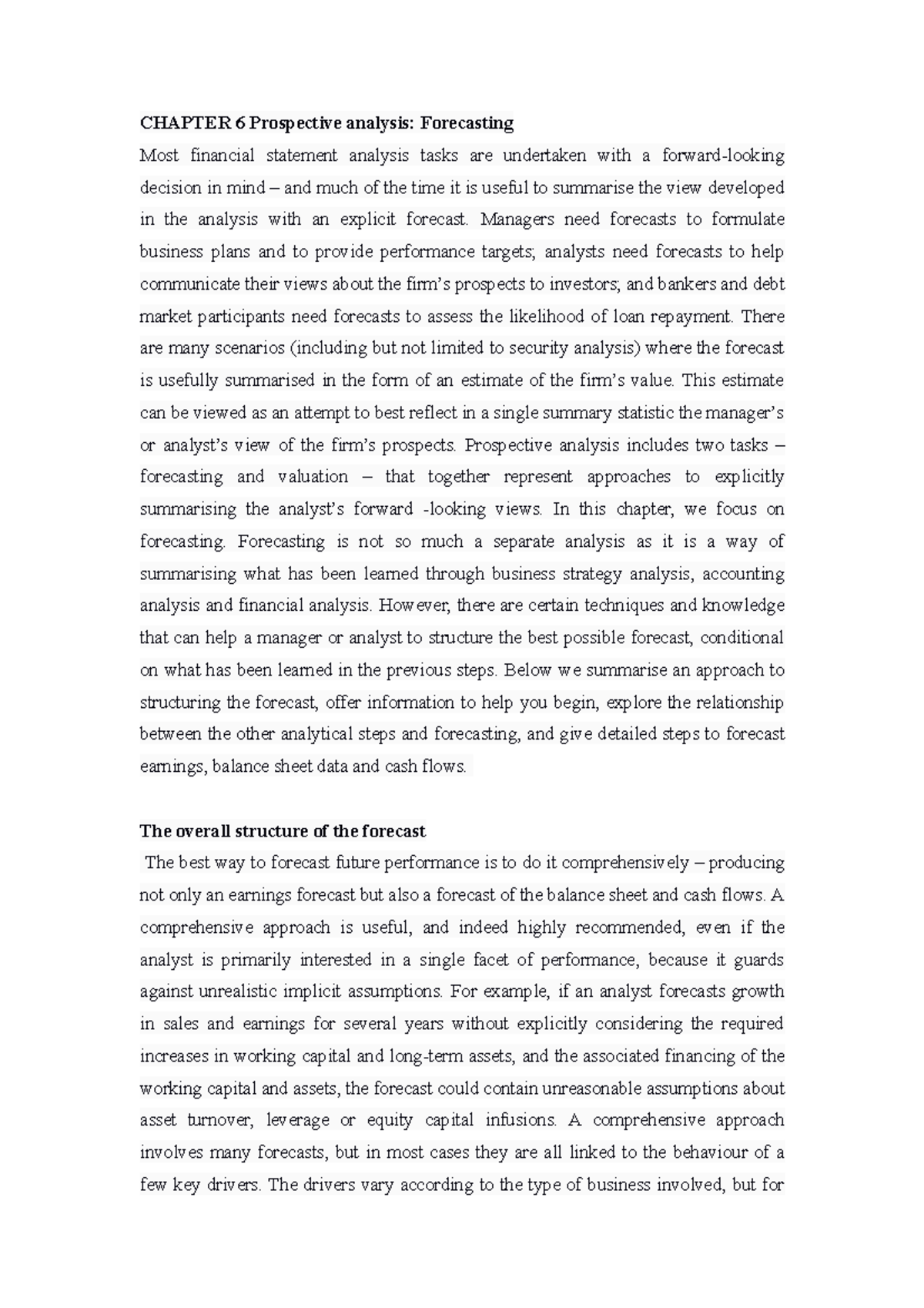 Business valuation textbook - CHAPTER 6 Prospective analysis: Forecasting Most financial ...