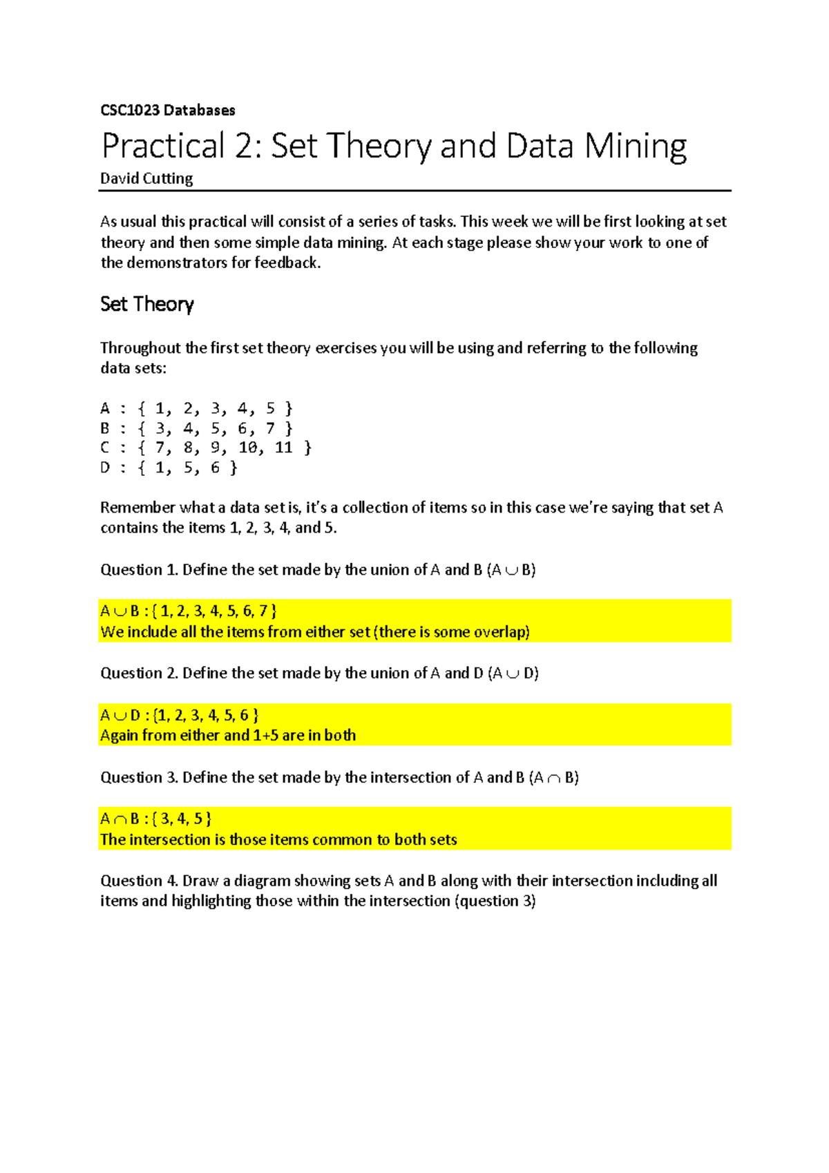 CSC1023 Practical 2 Answers - CSC1023 Databases Practical 2: Set Theory ...