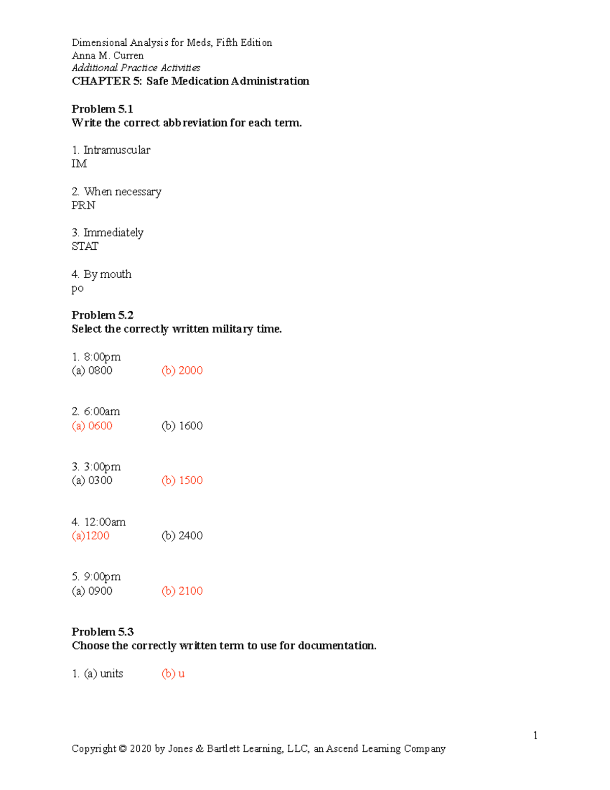 Practice CH. 5 - Chapter 5 assignment answers - Dimensional Analysis for Meds, Fifth Edition ...