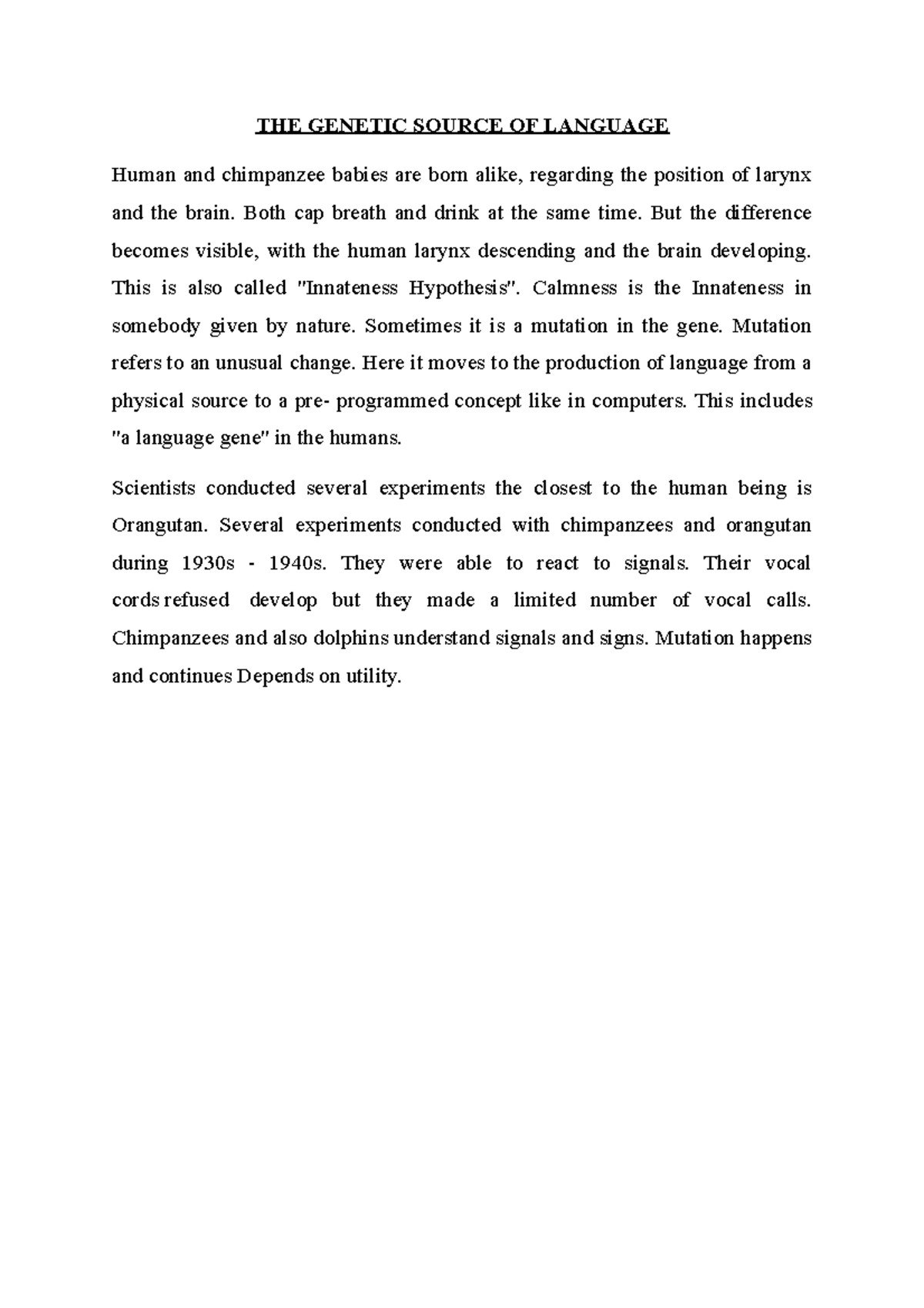 THE Genetic Source OF Language - THE GENETIC SOURCE OF LANGUAGE Human ...