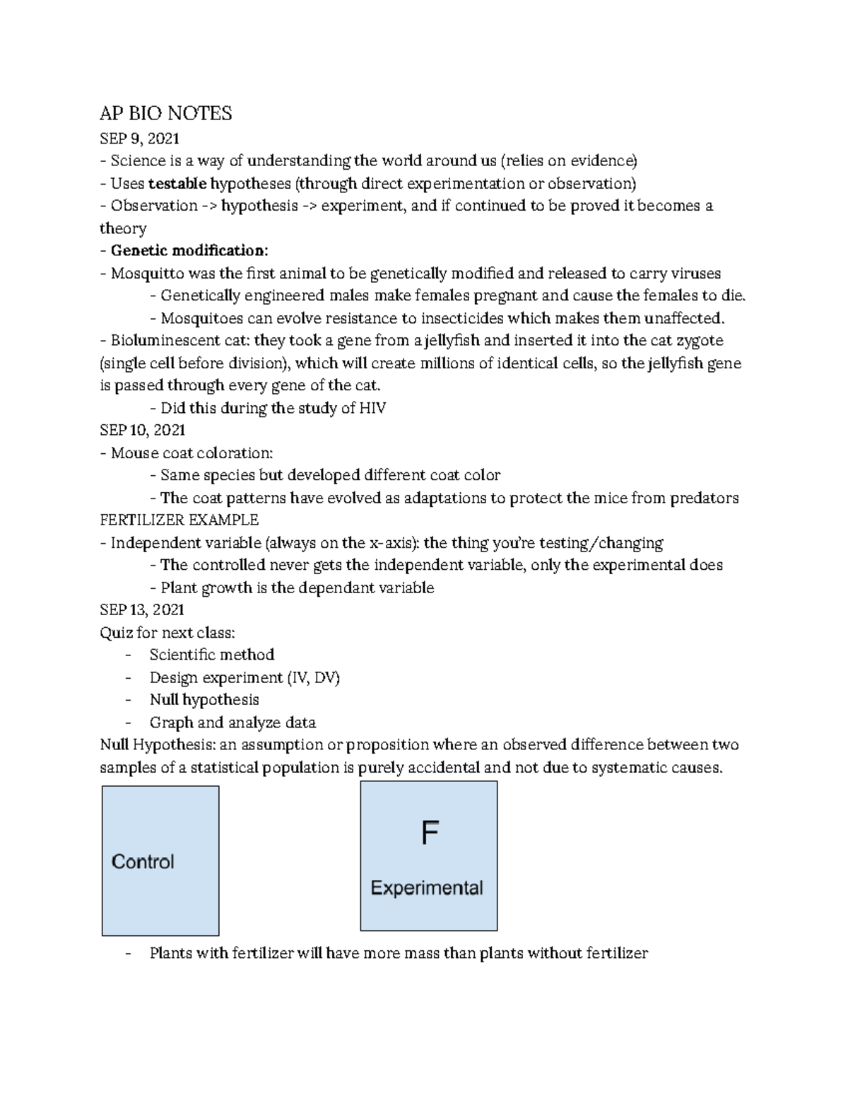BIO Notes - AP BIO NOTES SEP 9, 2021 Science is a way of understanding ...