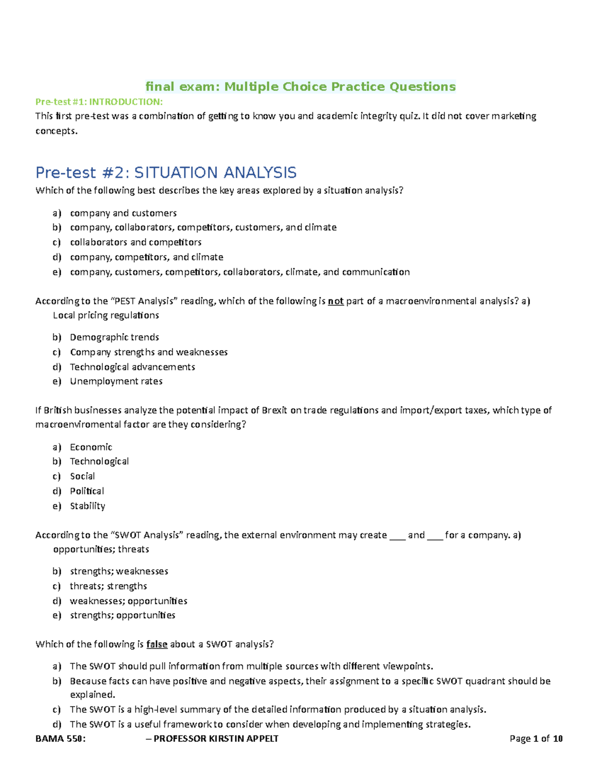 Final exam Multiple Choice Practice Questions Pre test 1 Introduction ...