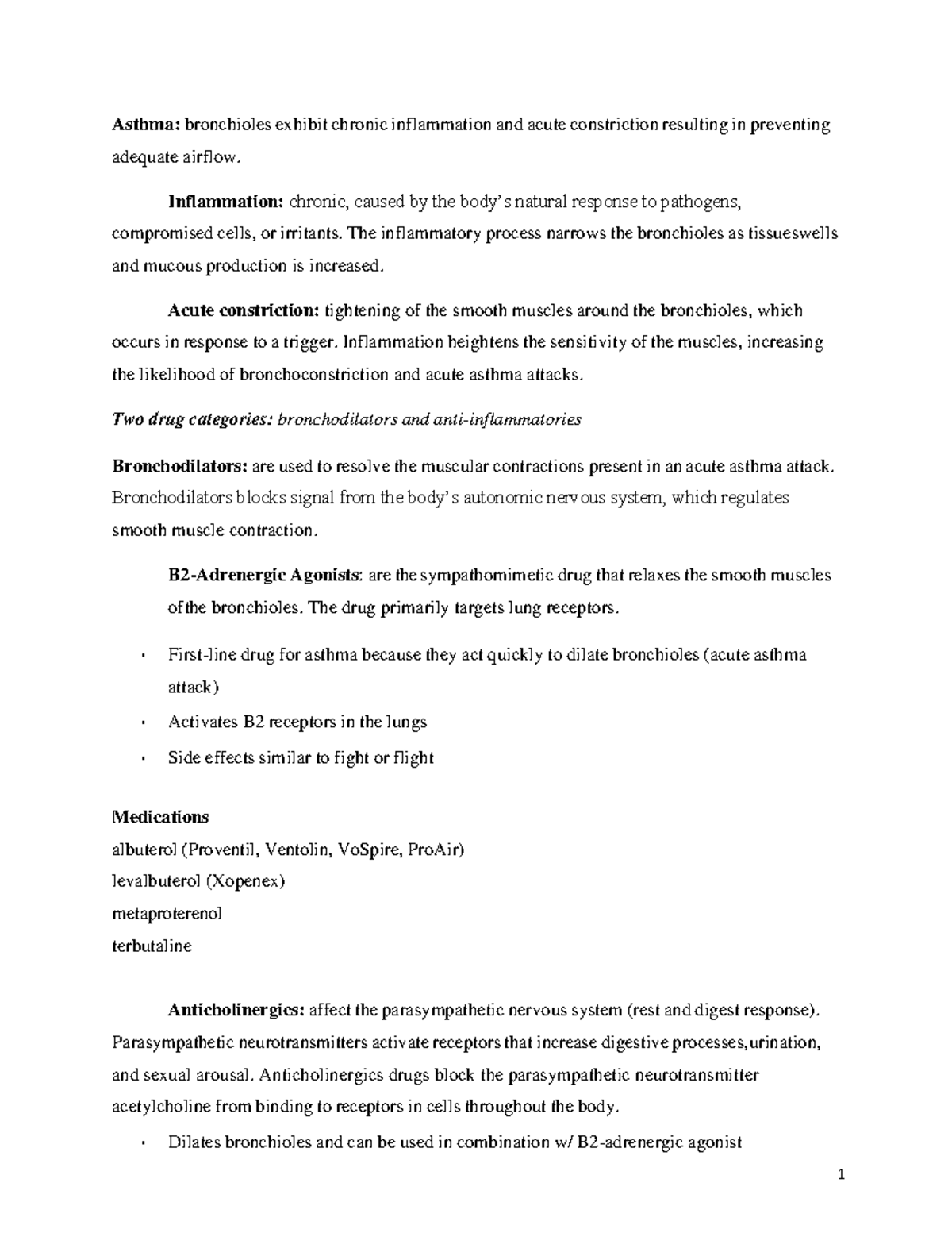 Asthma Study Guide.docx - 1 Asthma: bronchioles exhibit chronic ...