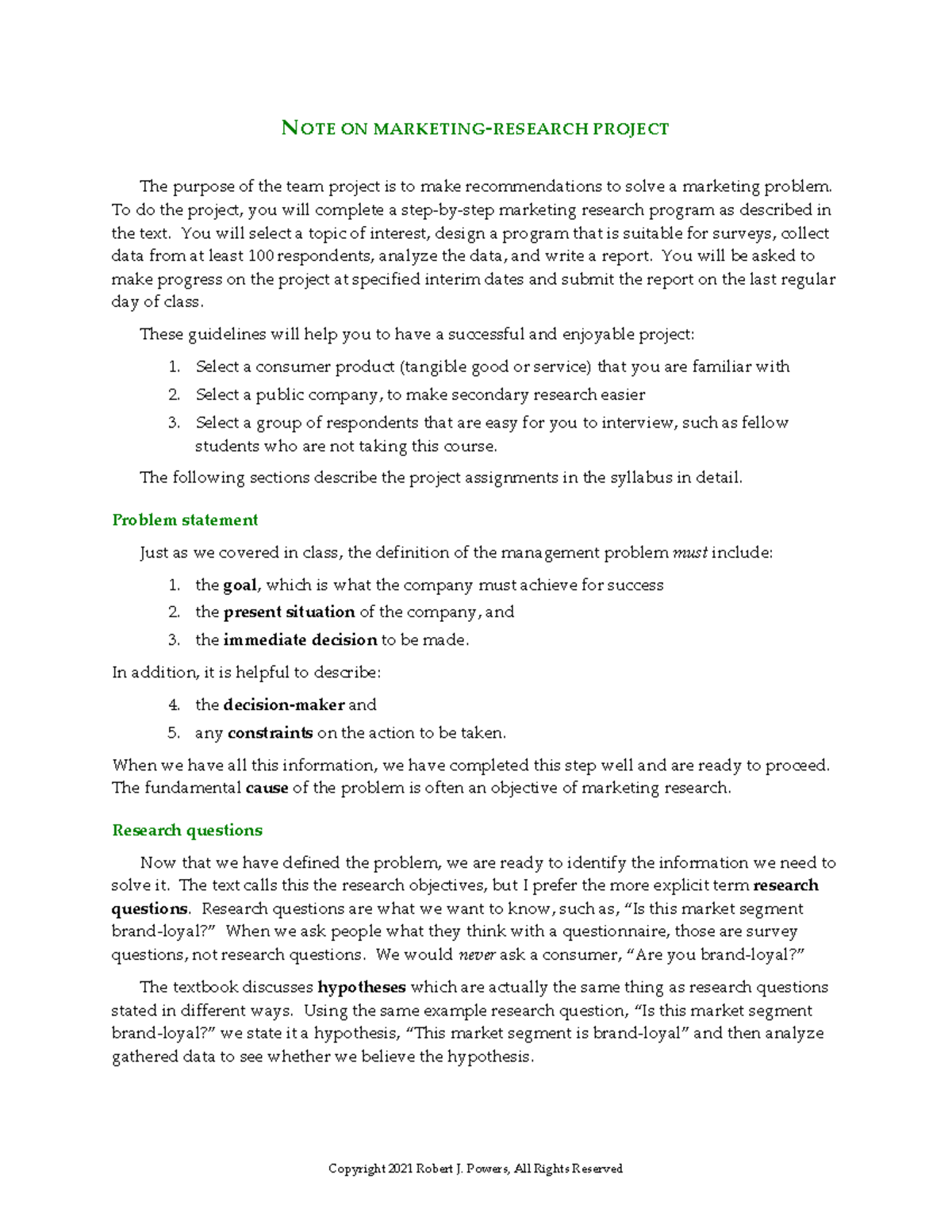 Note on marketing-research project - Copyright 2021 Robert J. Powers ...