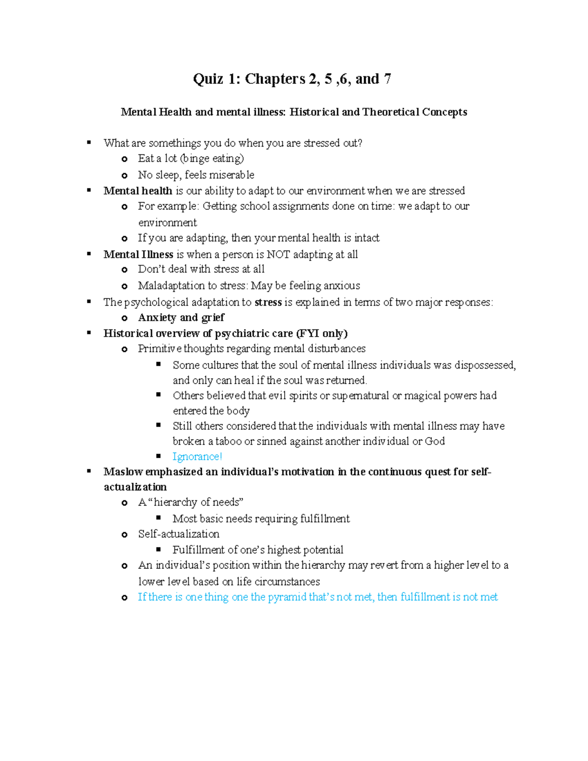 Mental health notes Quiz 1 - Quiz 1: Chapters 2, 5 ,6, and 7 Mental ...