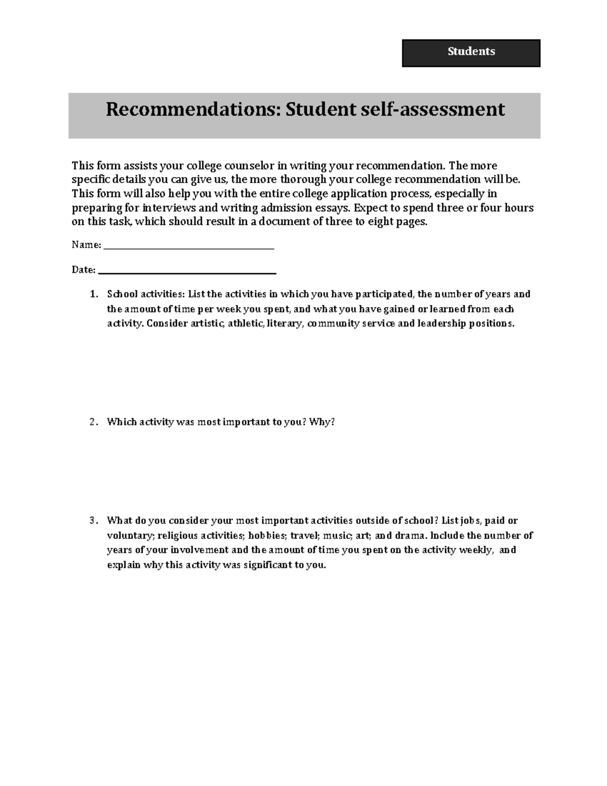 Student Self-Assessment Form - Recommendation Letter - This form ...