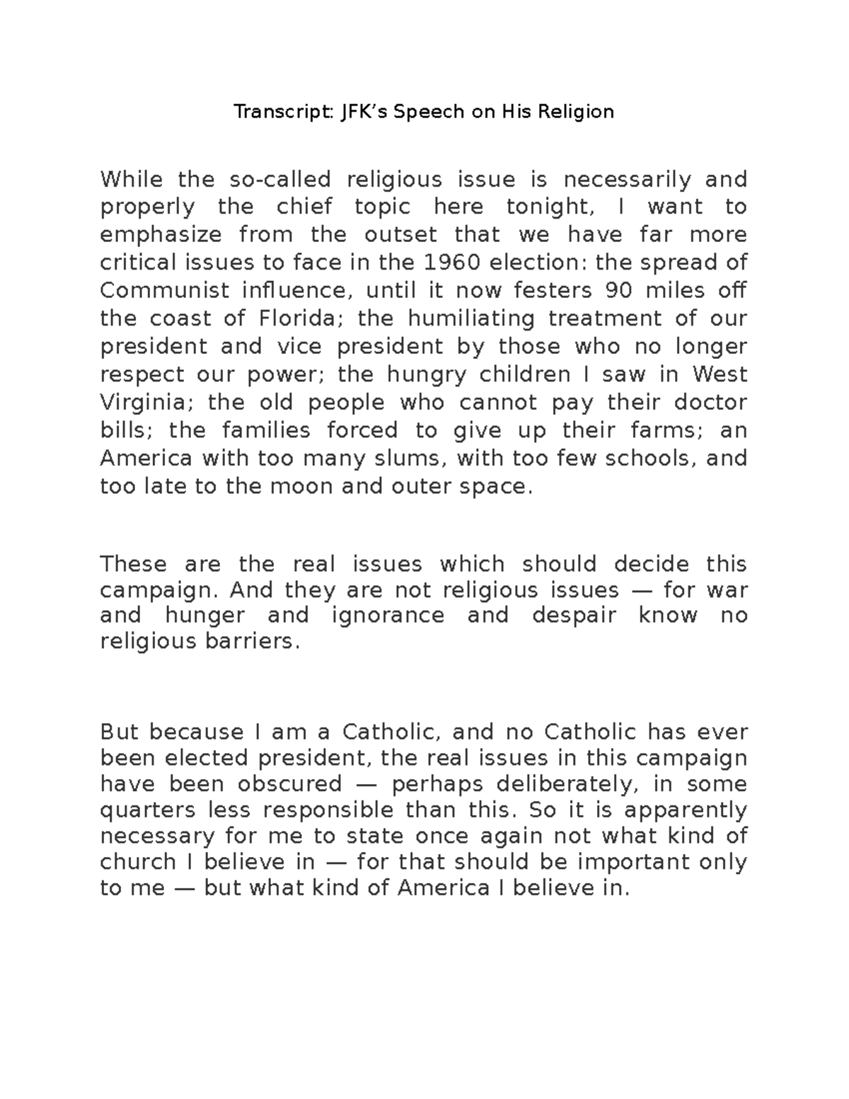 JFK's Speech on His Religion - Transcript: JFK’s Speech on His Religion ...