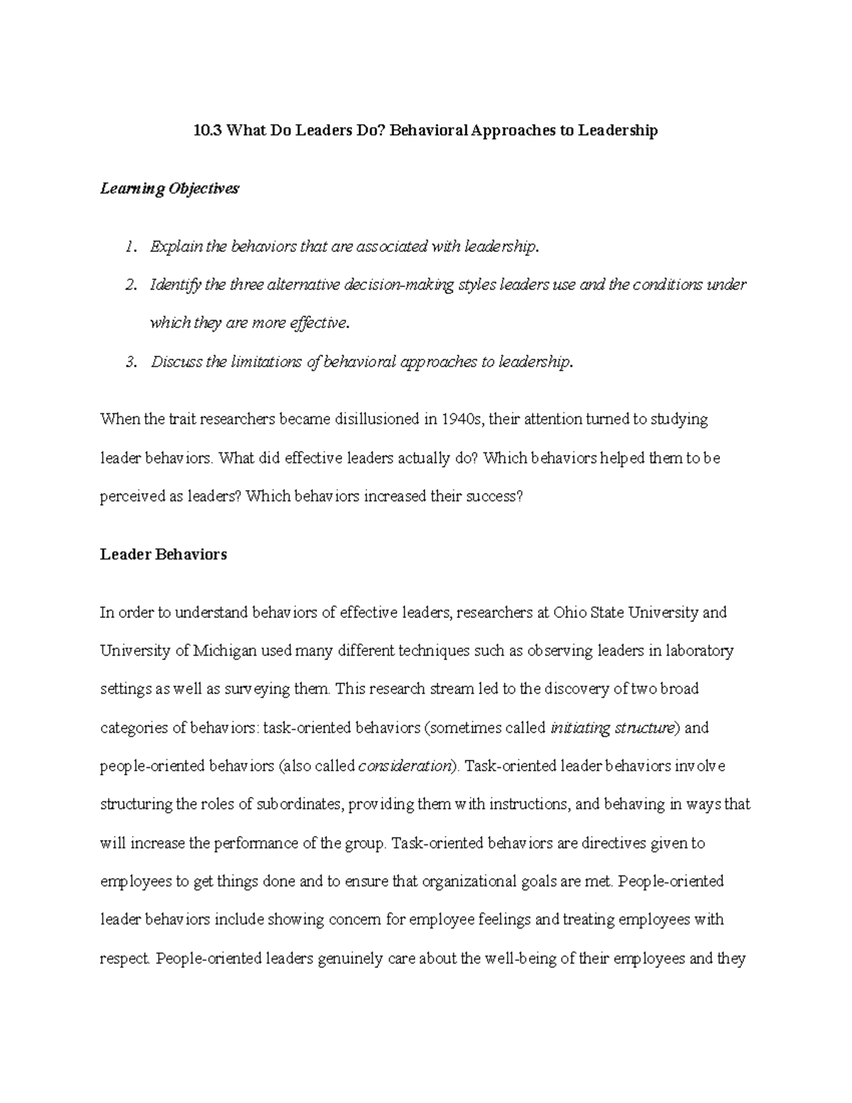 10.3 What Do Leaders Do? Behavioral Approaches to Leadership - 10 What ...