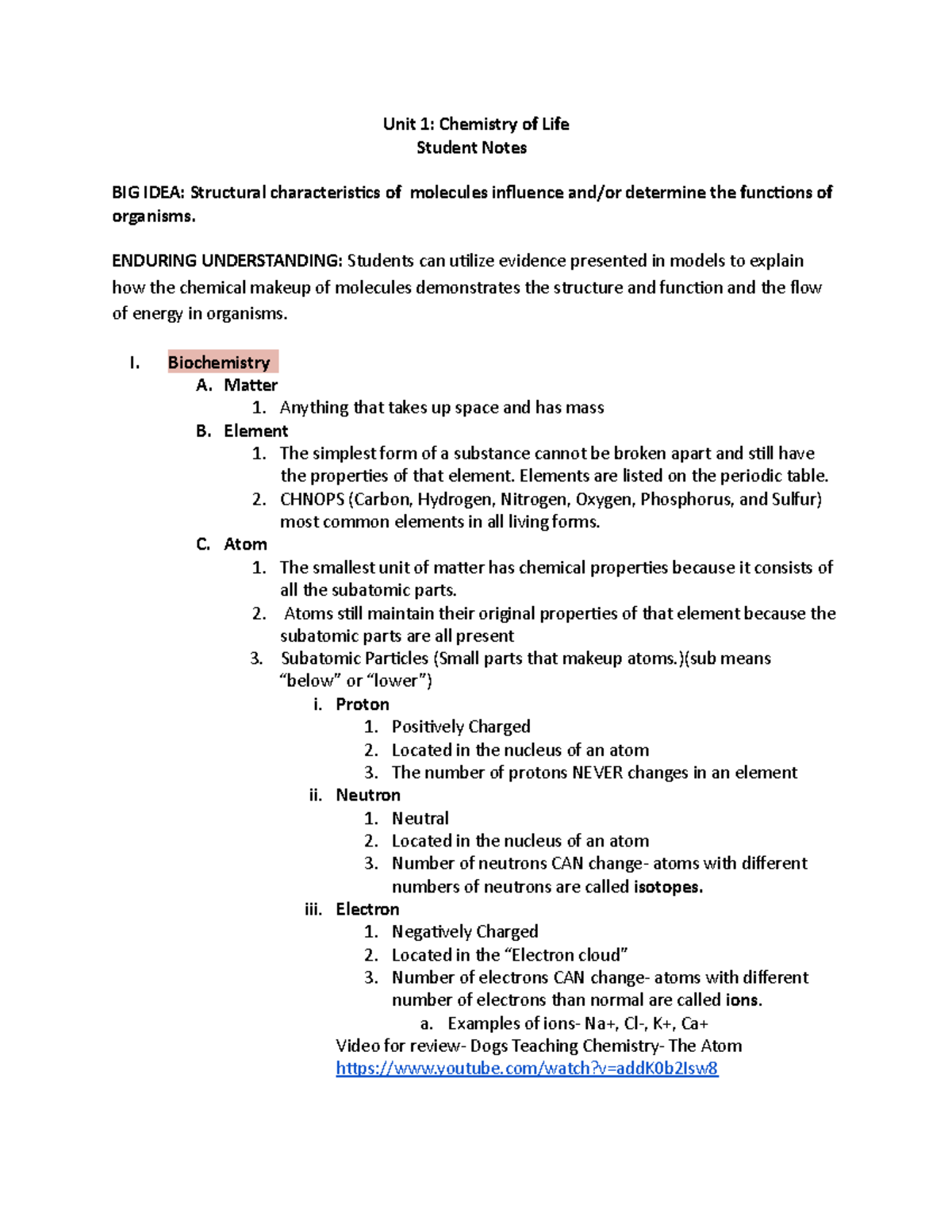 Copy of Unit 1 Student Notes - Unit 1: Chemistry of Life Student Notes ...