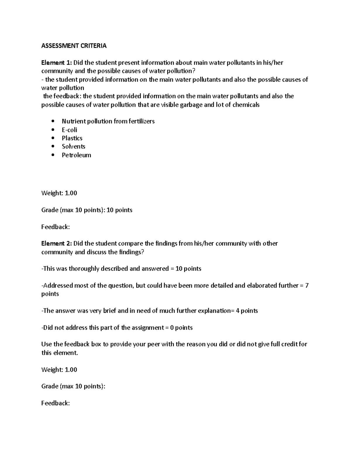 UNIV 2 Sample PA Criteria - ASSESSMENT CRITERIA Element 1: Did the ...
