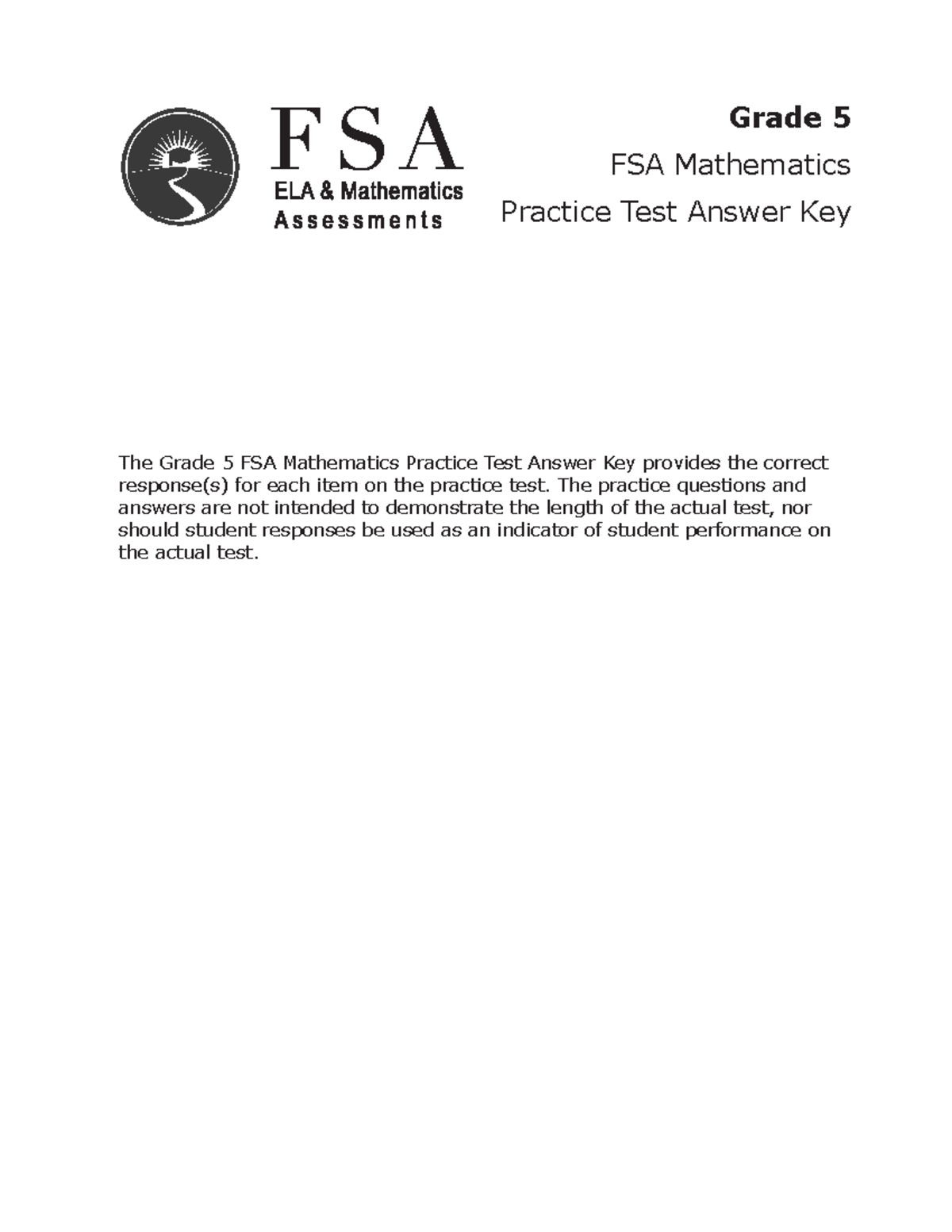 FSA 2020 5M Practice Test Answer Key PBT Grade 5 FSA Mathematics