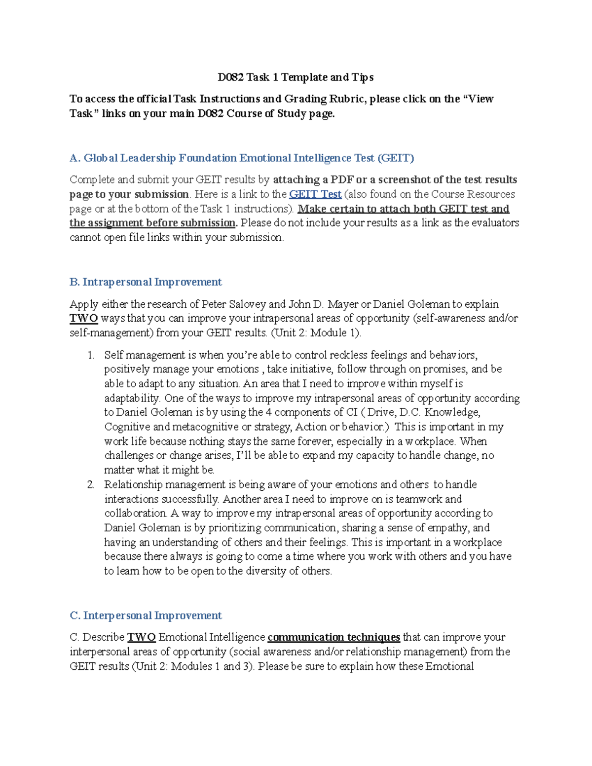 D082 Task 1 Template and Tips 0123 - D082 Task 1 Template and Tips To access the official Task ...