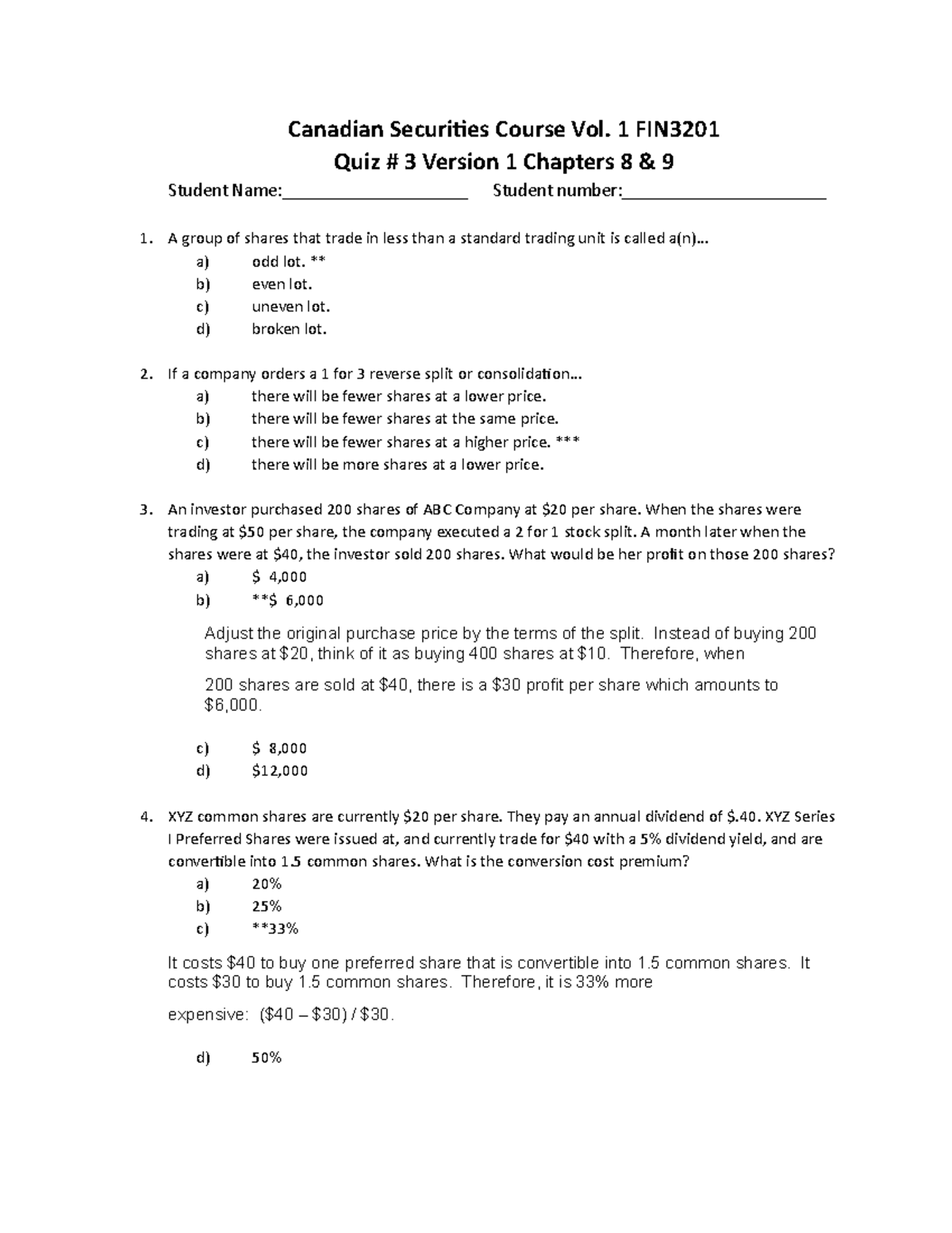 2018 Quiz 3 Ch 8&9 with Solutions - Canadian Securities Course Vol. 1 ...
