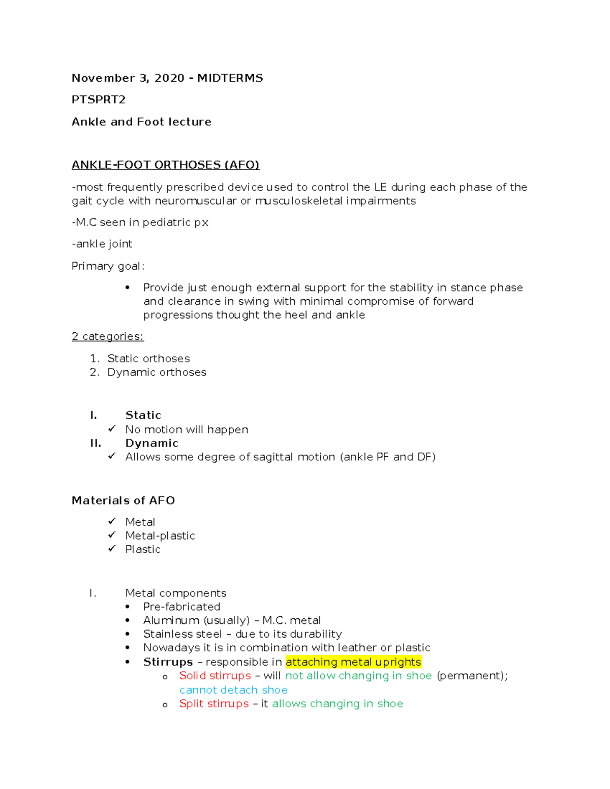 AFO lecture notes - November 3, 2020 - MIDTERMS PTSPRT Ankle and Foot ...