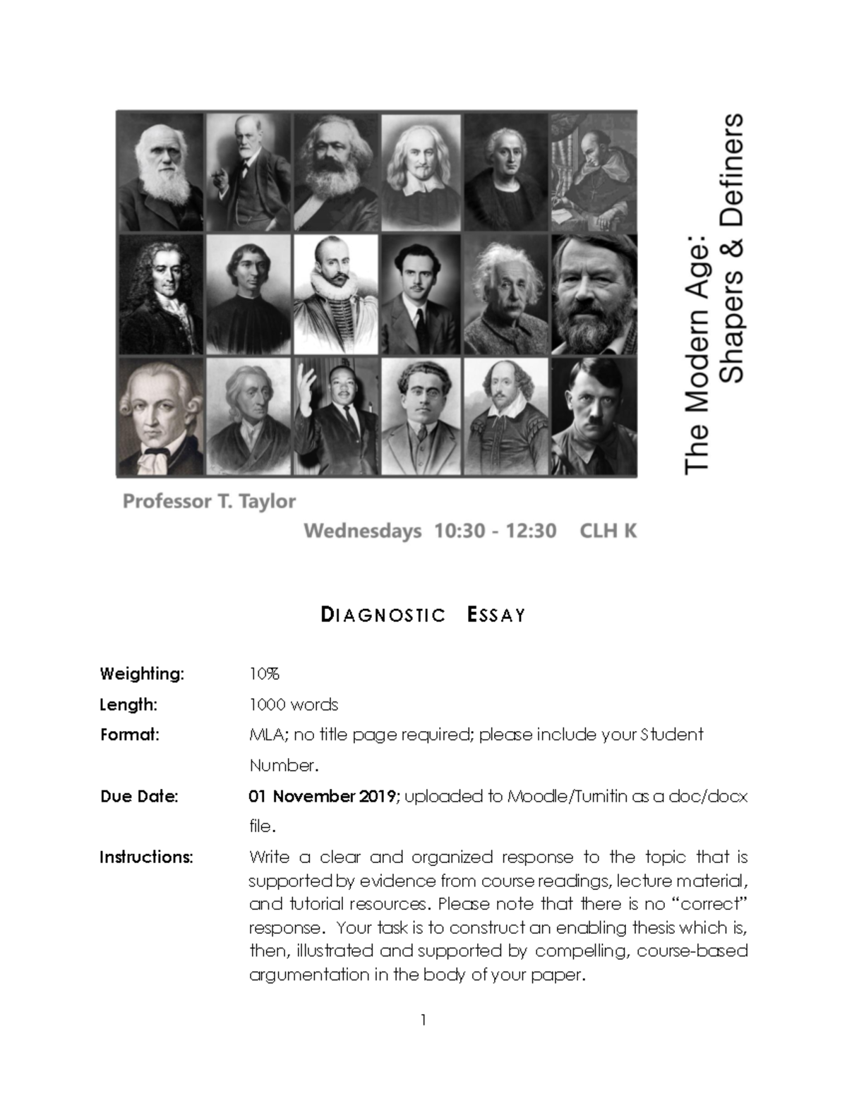 1170Y Diagnostic Essay 2019-2020 - 1 DIAGNOSTIC ESSAY Weighting: 10% ...