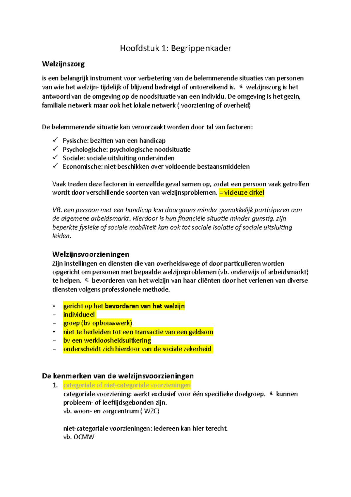 Hoofdstuk 1 verkennen van het werkveld samenvatting - Hoofdstuk 1: Begrippenkader Welzijnszorg ...