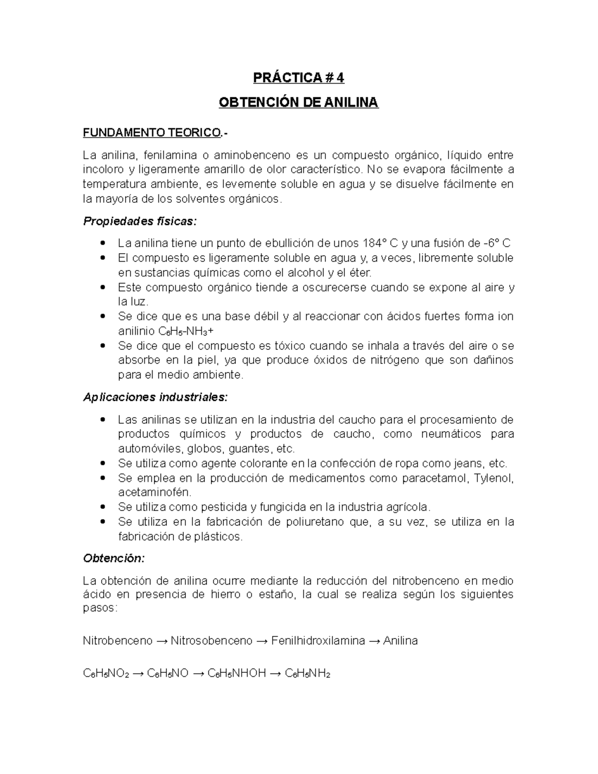 Obtención DE LA Anilina - PRÁCTICA # 4 OBTENCIÓN DE ANILINA FUNDAMENTO ...