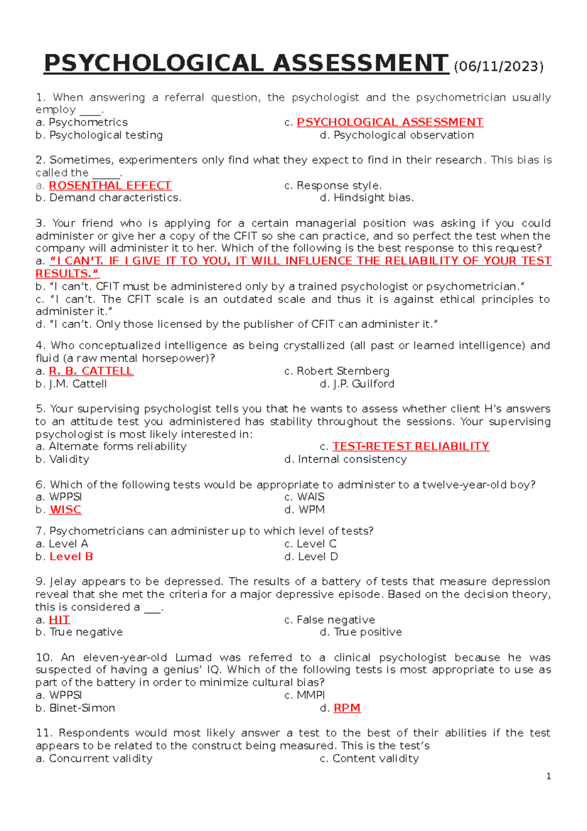 Psychological- Assessment - PSYCHOLOGICAL ASSESSMENT (06/11/2023) When ...