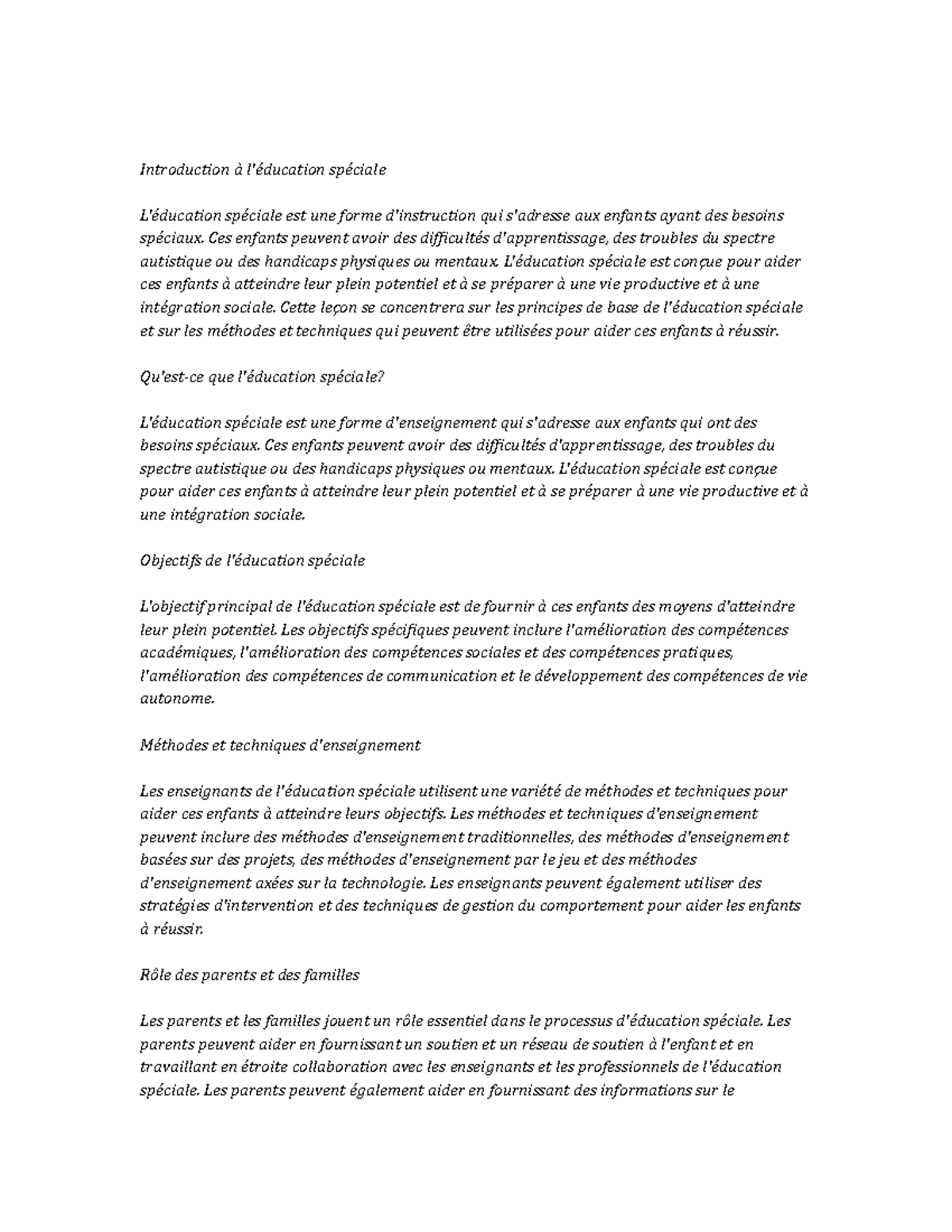 Special Education Notes de cours - Introduction à l'éducation spéciale ...