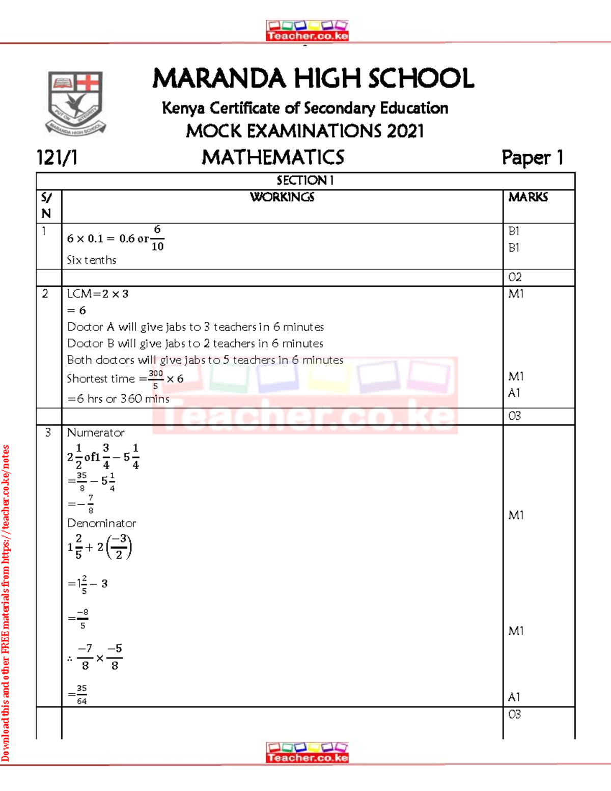 2022 Maranda Mock 121 Mathematics P1 MS Teacher - 1 Maranda High School ...