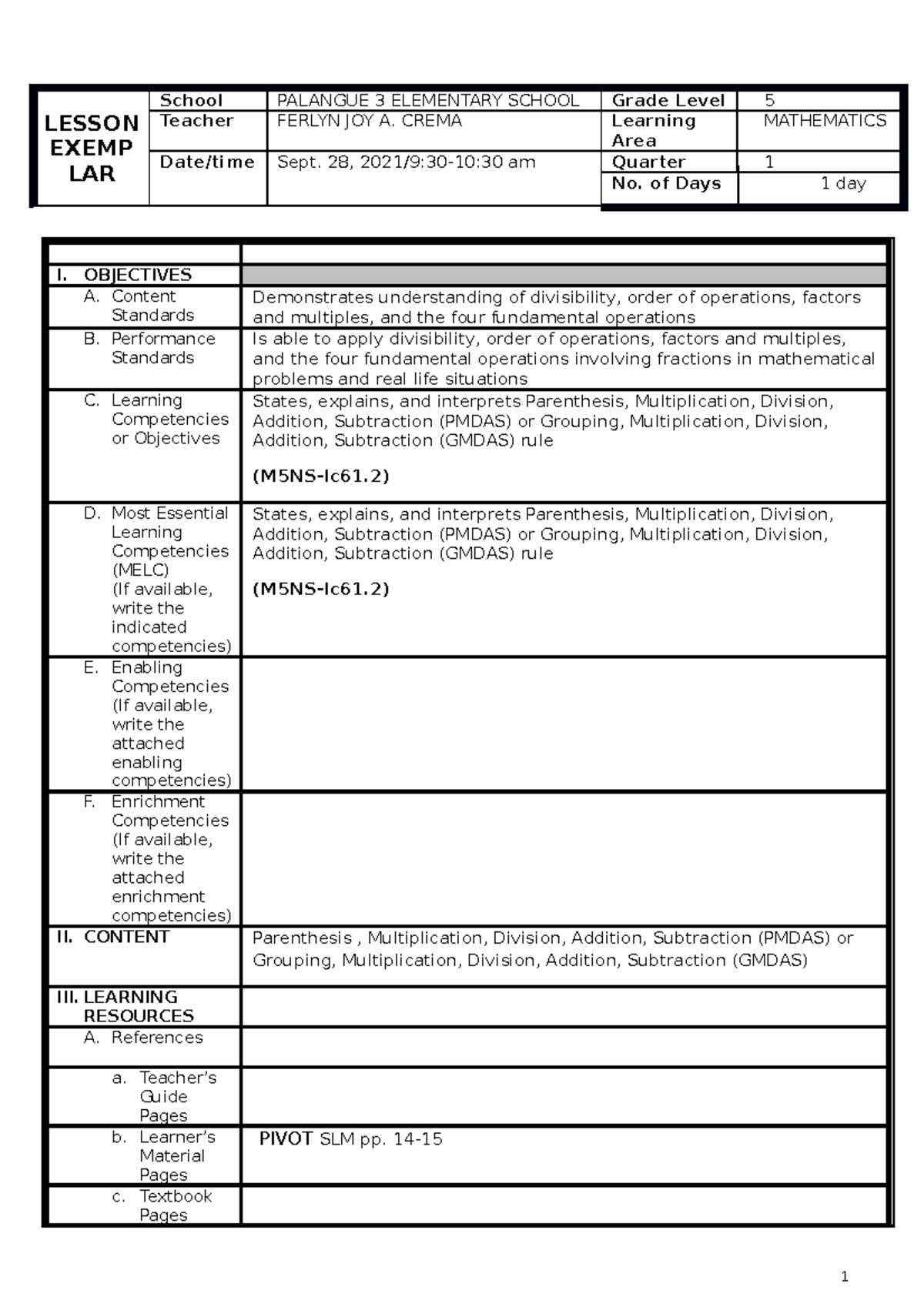 1. September Lesson Exemplar Grade 5 - Copy - LESSON EXEMP LAR School ...