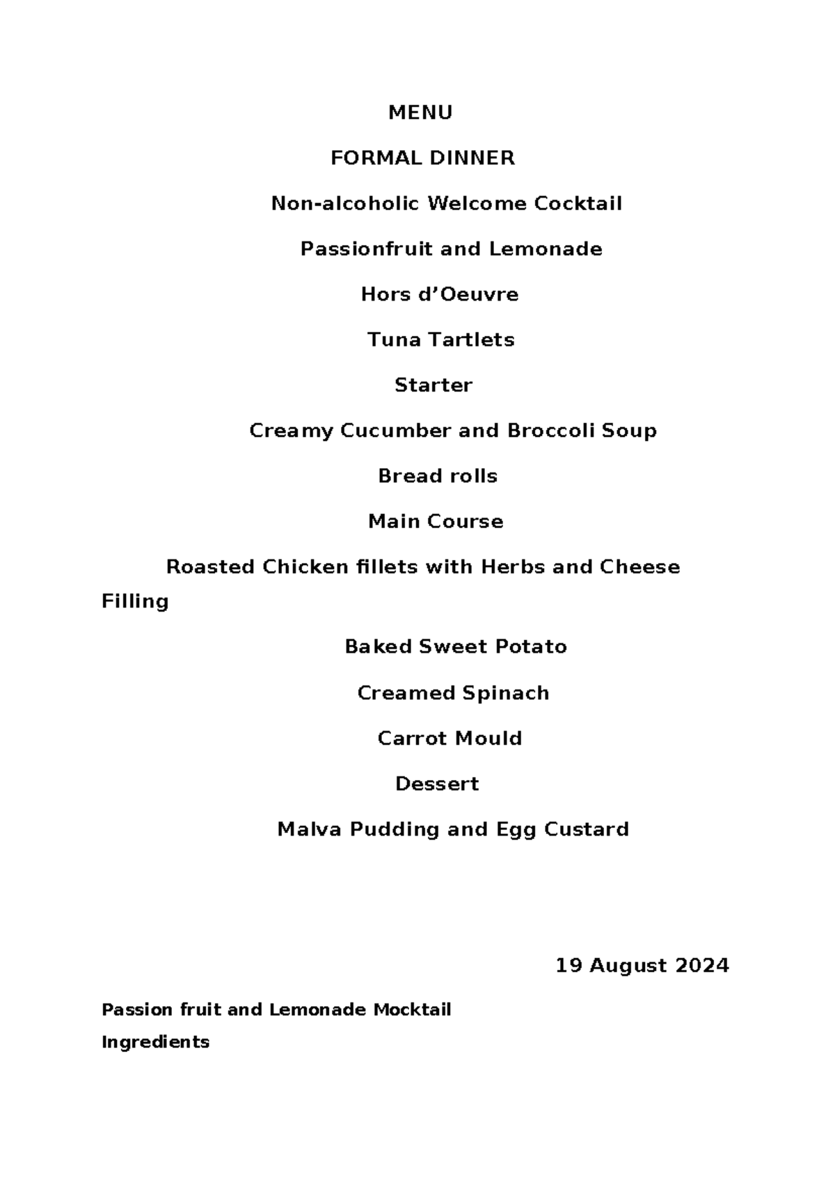 Practical recipe hospitality - MENU FORMAL DINNER Non-alcoholic Welcome ...