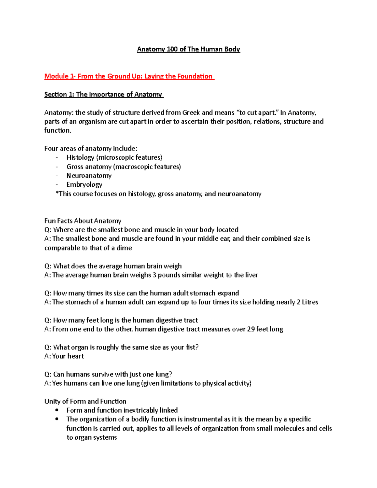 ANAT 100 Notes - Anat week 1 - Anatomy 100 of The Human Body Module 1 ...