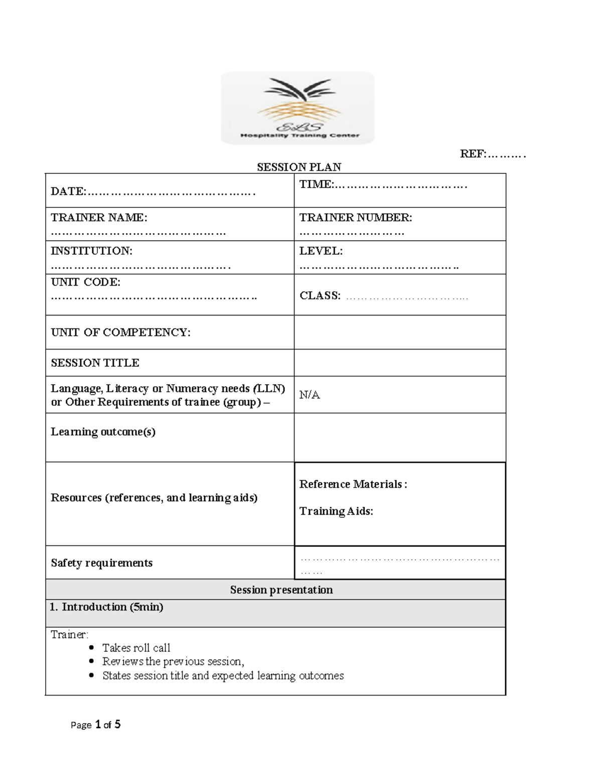 Learning PLAN Session PLAN ELS - REF:.......... SESSION PLAN - Studocu