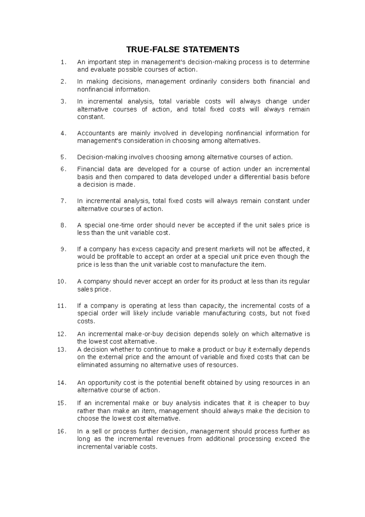 Ch 23 - managerial accounting - TRUE-FALSE STATEMENTS An important step ...