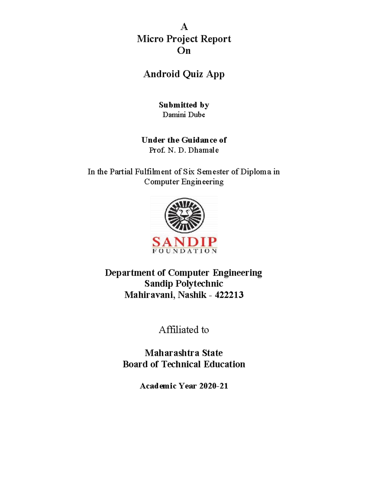 551583642 MAD 22617 Microproject - A Micro Project Report On Android Quiz App Submitted by ...