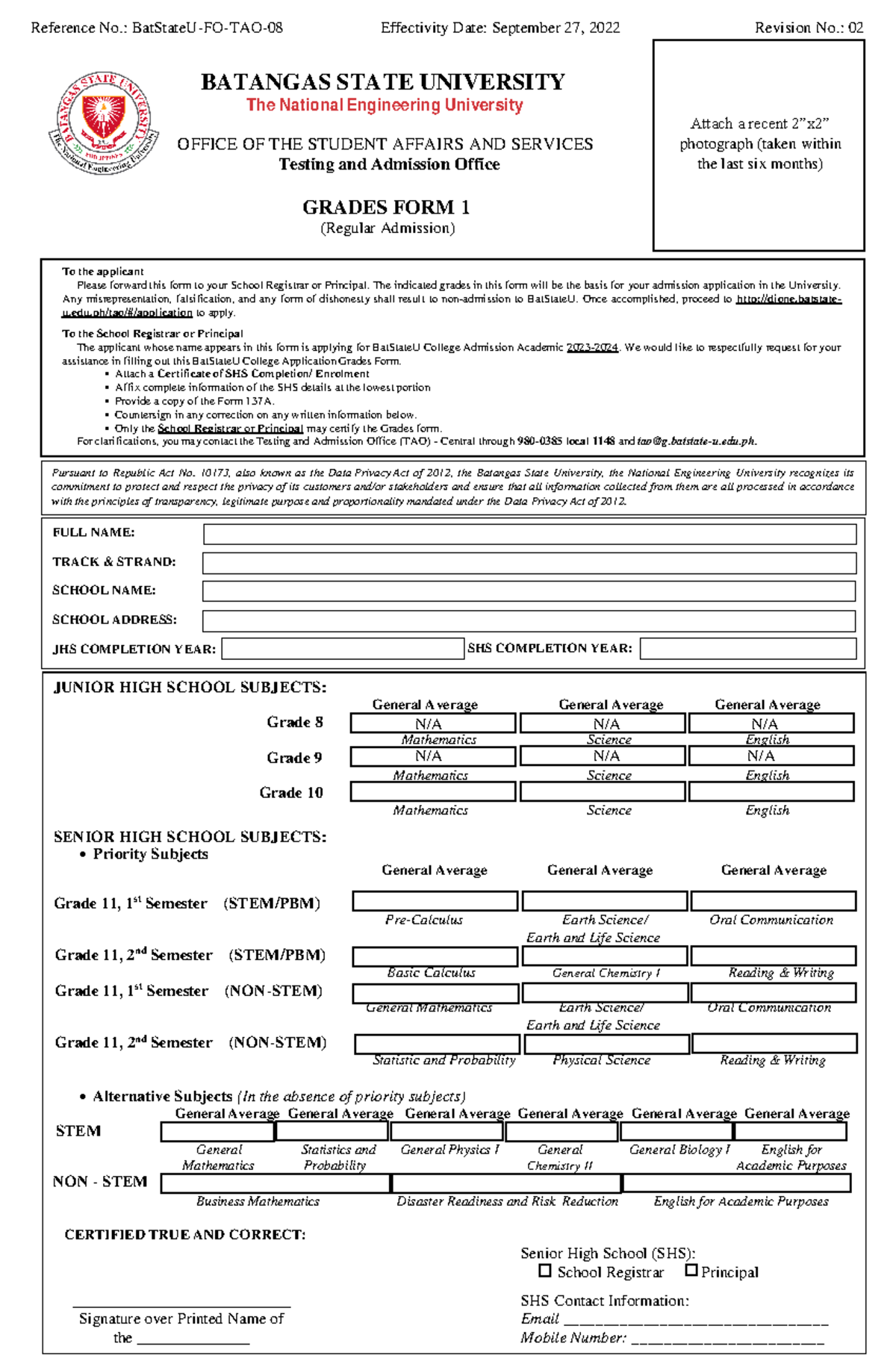 Bat State U-FO-TAO-08 Grades Form 1 (Regular Admission) Rev. 02 ...