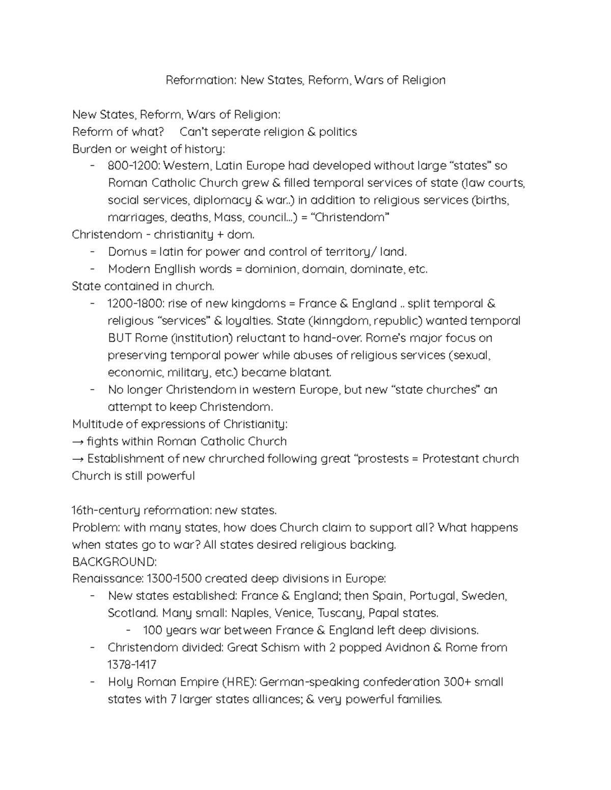Reformation Notes - Reformation: New States, Reform, Wars of Religion ...